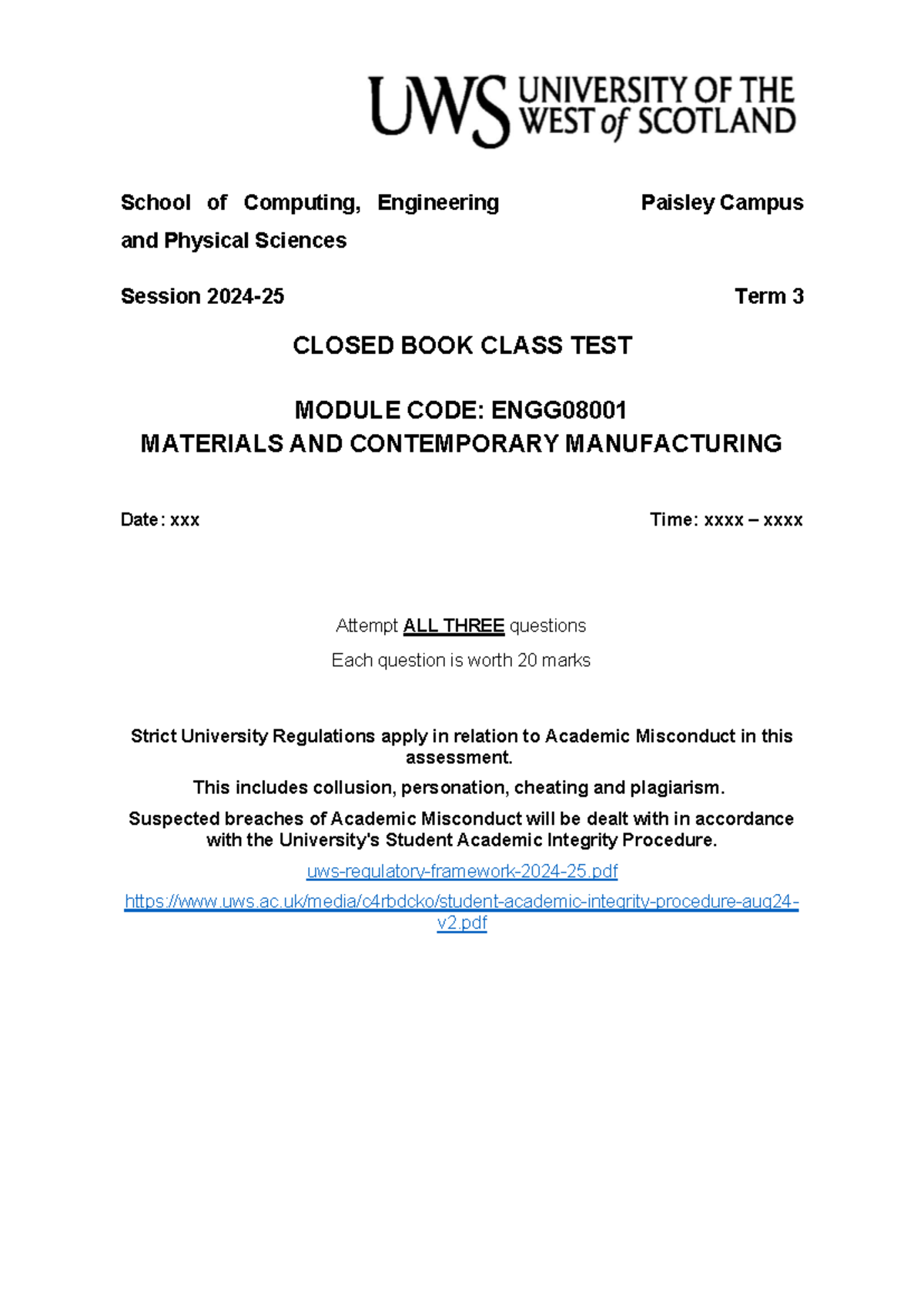 ENGG08001 Term 3 Closed Book Class Test - Materials & Manufacturing ...