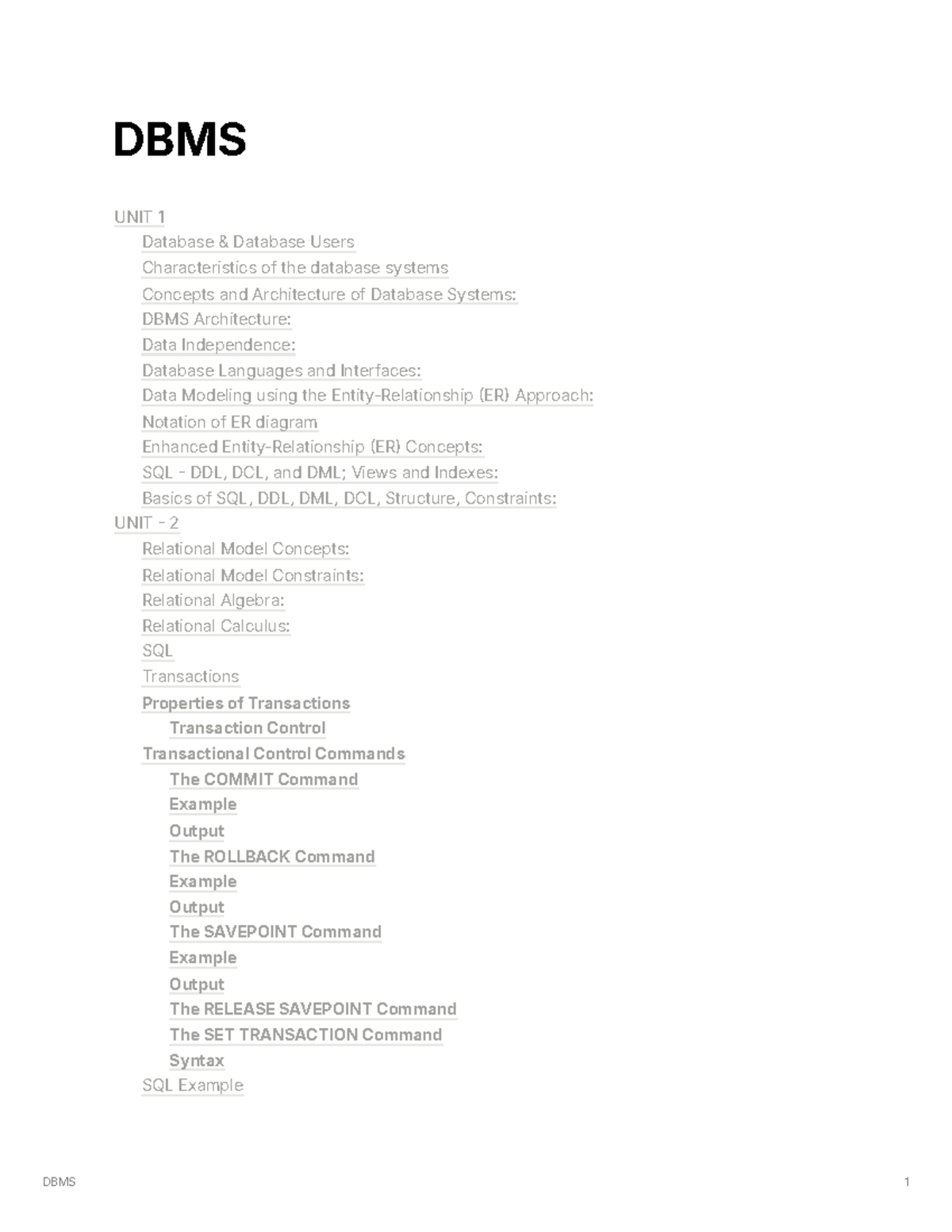 DBMS 1: Comprehensive Notes on Database Concepts and Architecture - Studocu
