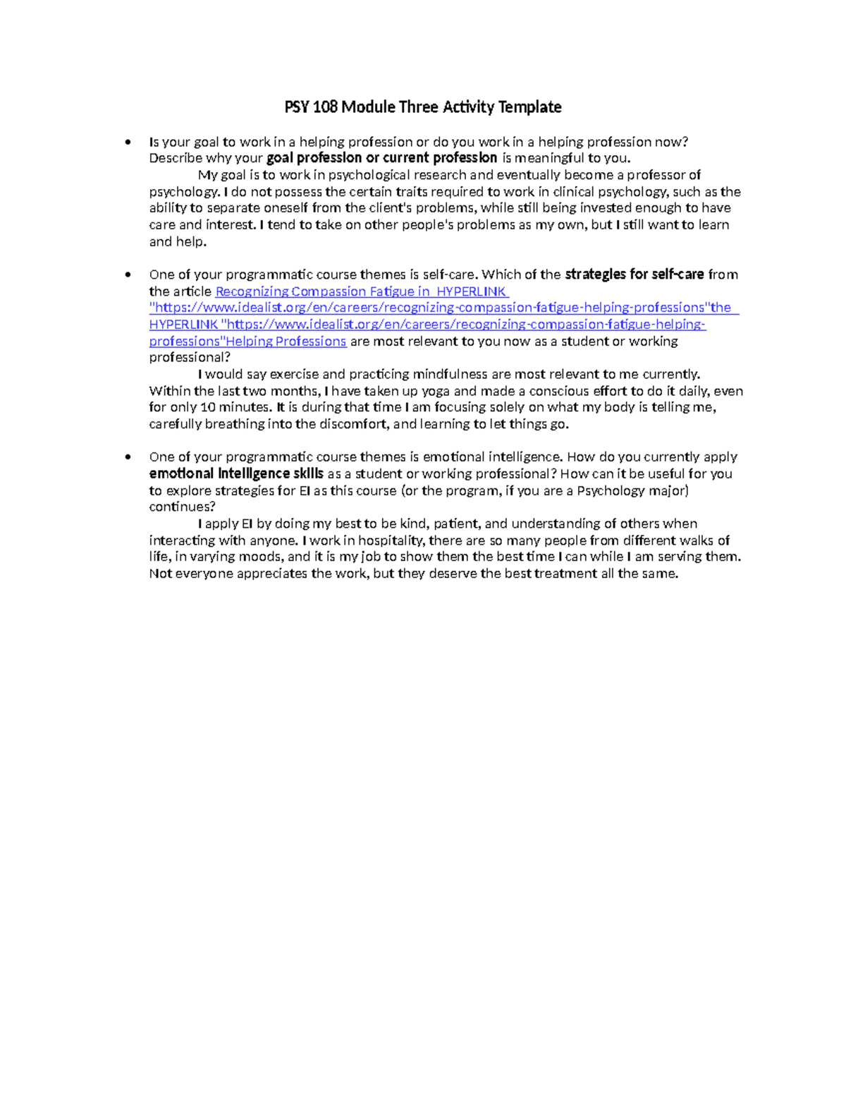 PSY 108 Module 3 Activity: Exploring Helping Professions and EI - Studocu