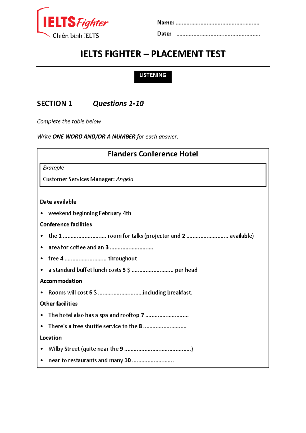 Ielts Fighter - Placement TEST (L + R + W) - Name: - Studocu