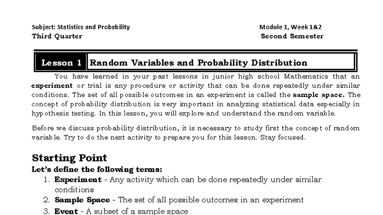 3rd Quarter Module 1 Week 12: Random Variables & Probability Distribution - Studocu