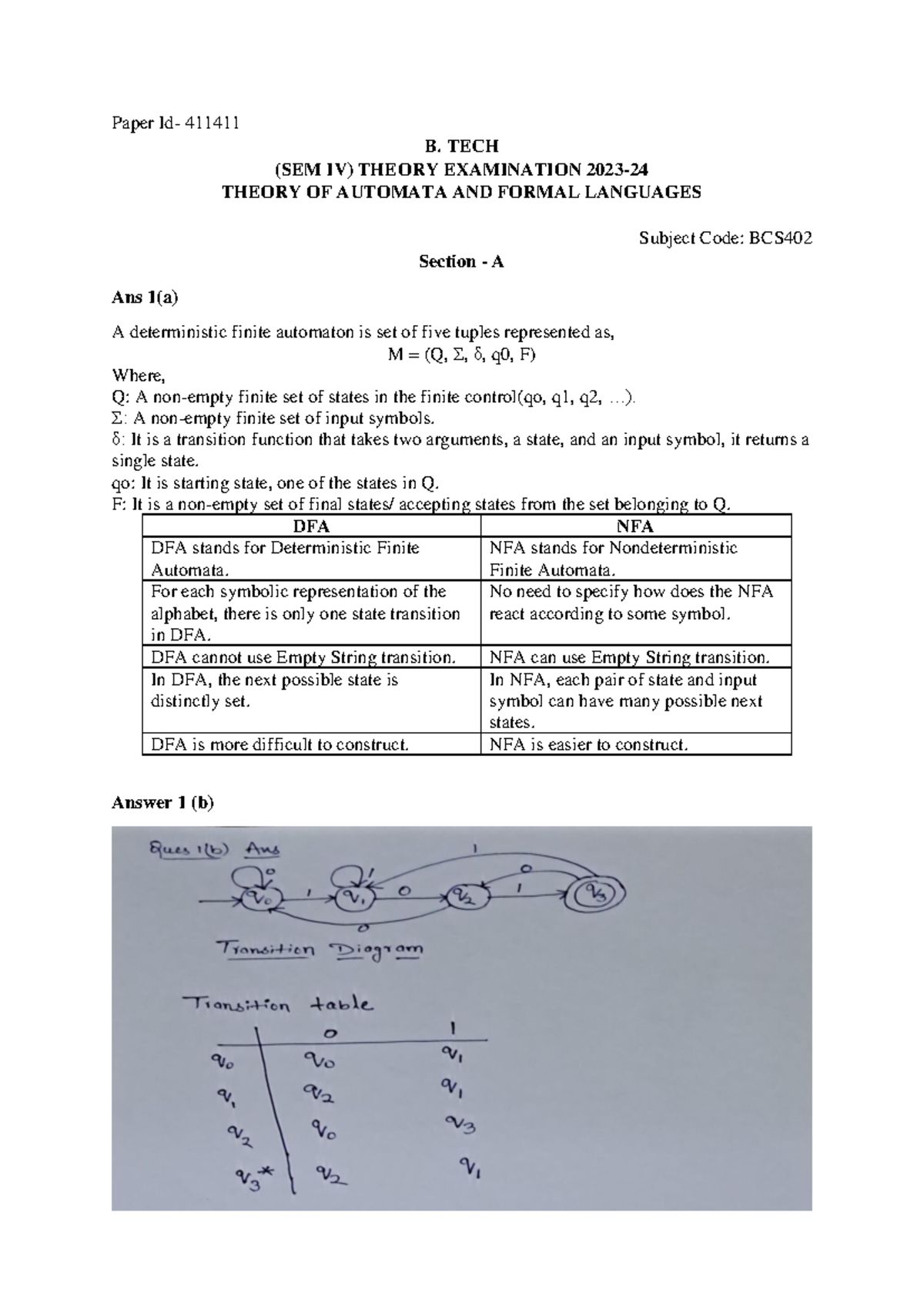 BTECH SEM IV - TAFL 2023-24 Exam Paper Solutions & Analysis - Studocu