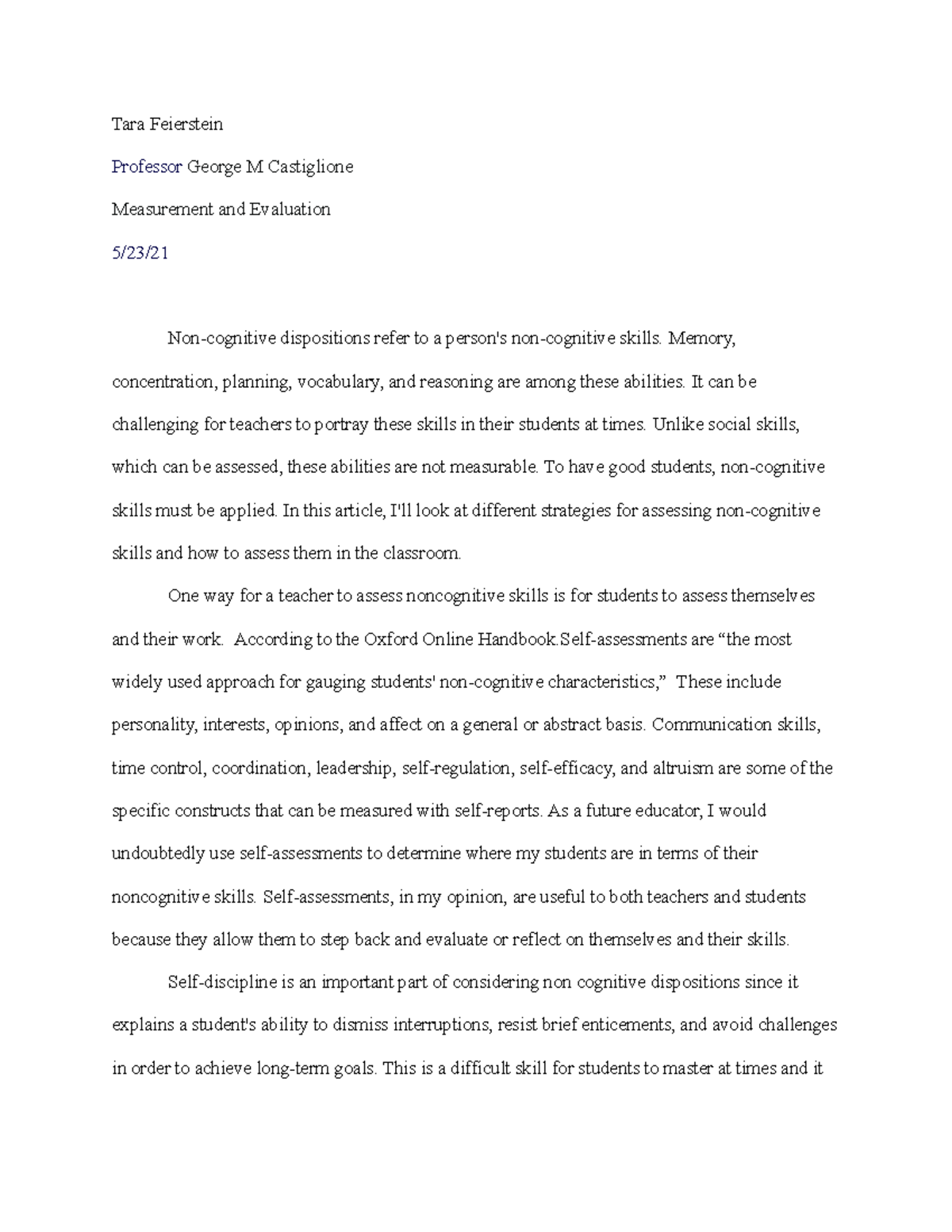 Method of Assessing Non Cognitive Dispositions and Skills - Tara ...