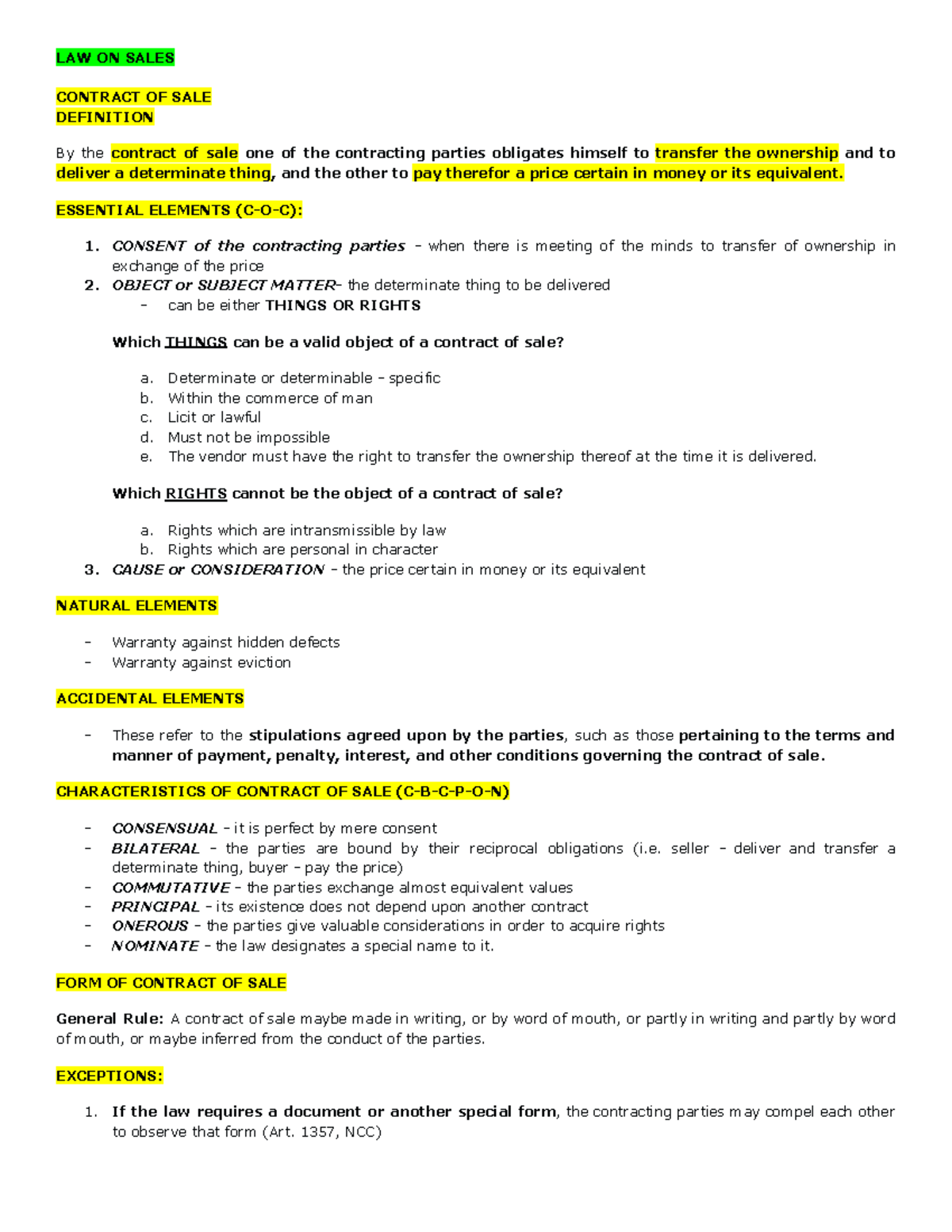 Law on Sales (C-B-C-P-O-N) - Course Notes and Key Elements - Studocu