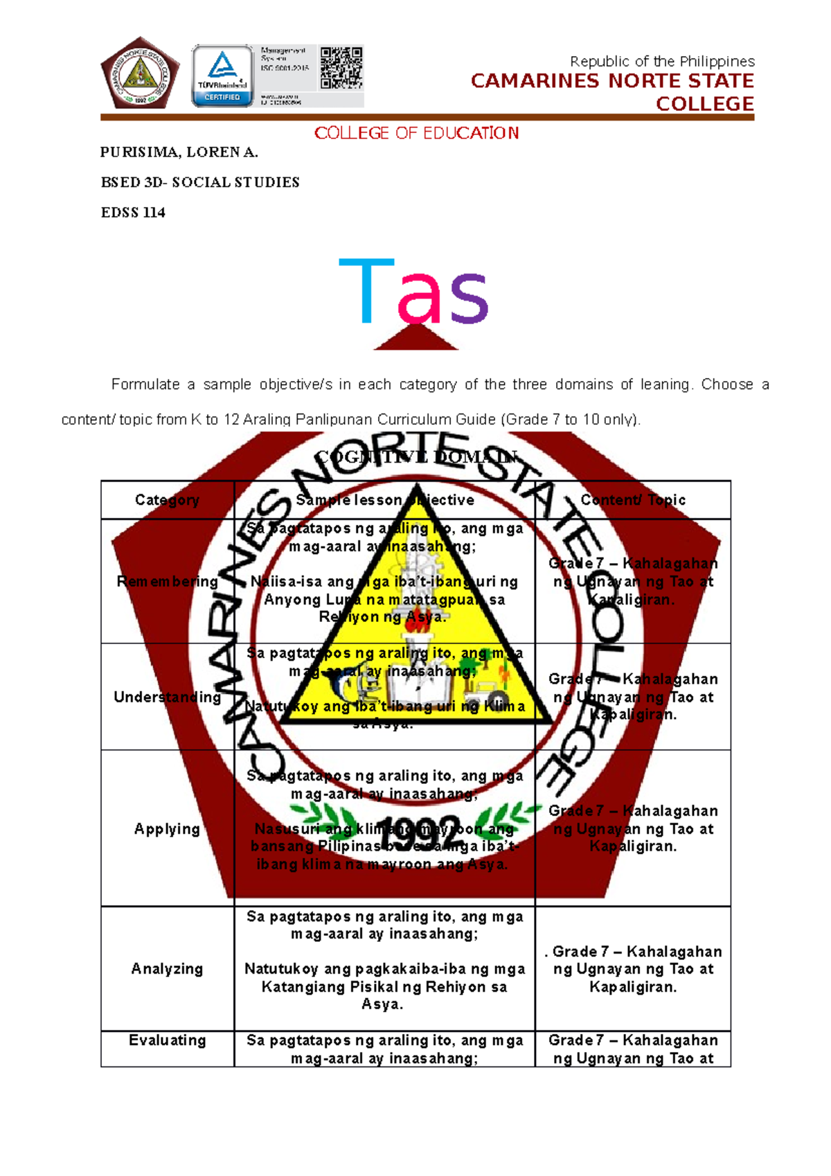 Objectives Sampler for Cognitive, Affective, and Psychomotor Domains ...