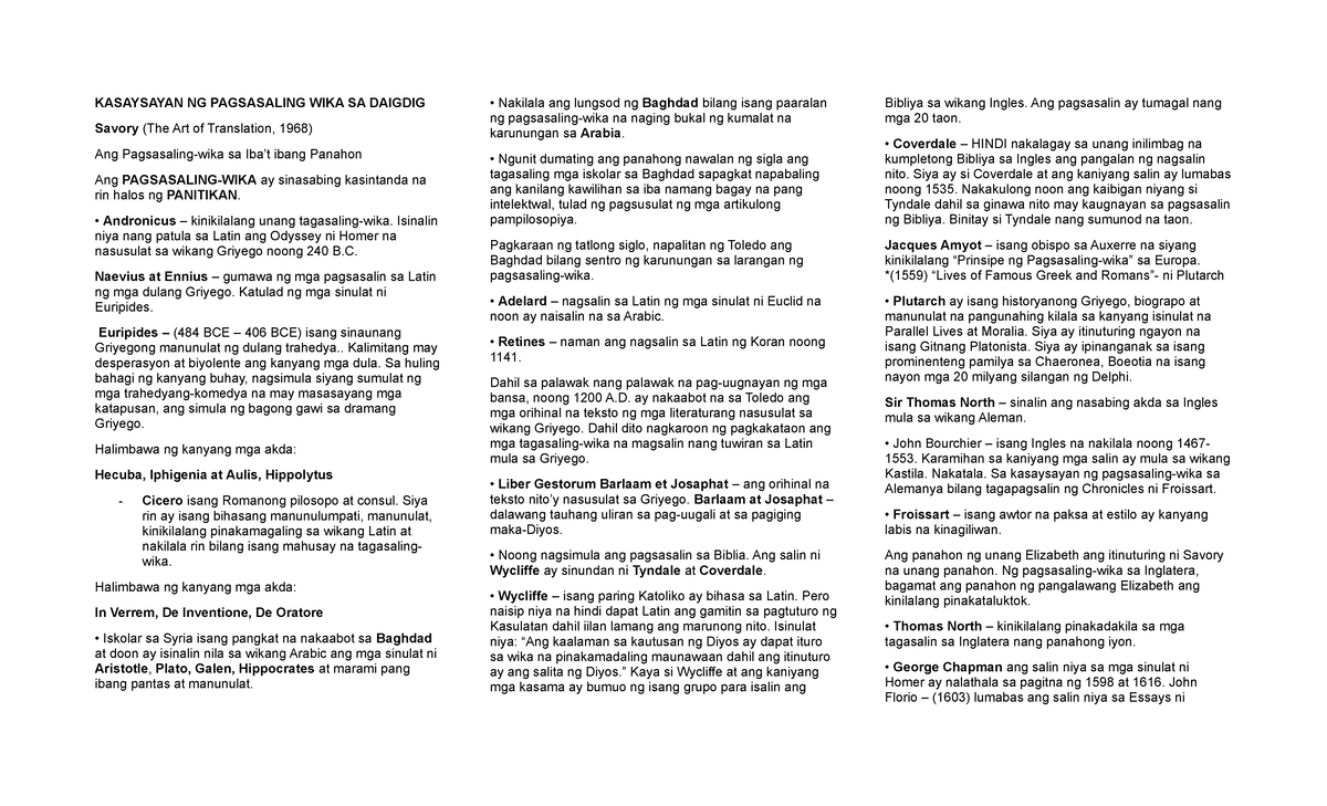 KASAYSAYAN NG PAGSASALING WIKA: MGA KONSEPTO AT KATANGIAN - Studocu