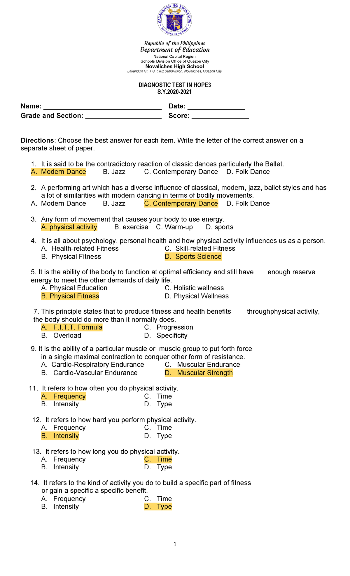 HOPE 3 Diagnostic Test - Quarterly Exam Sample Questions - Studocu