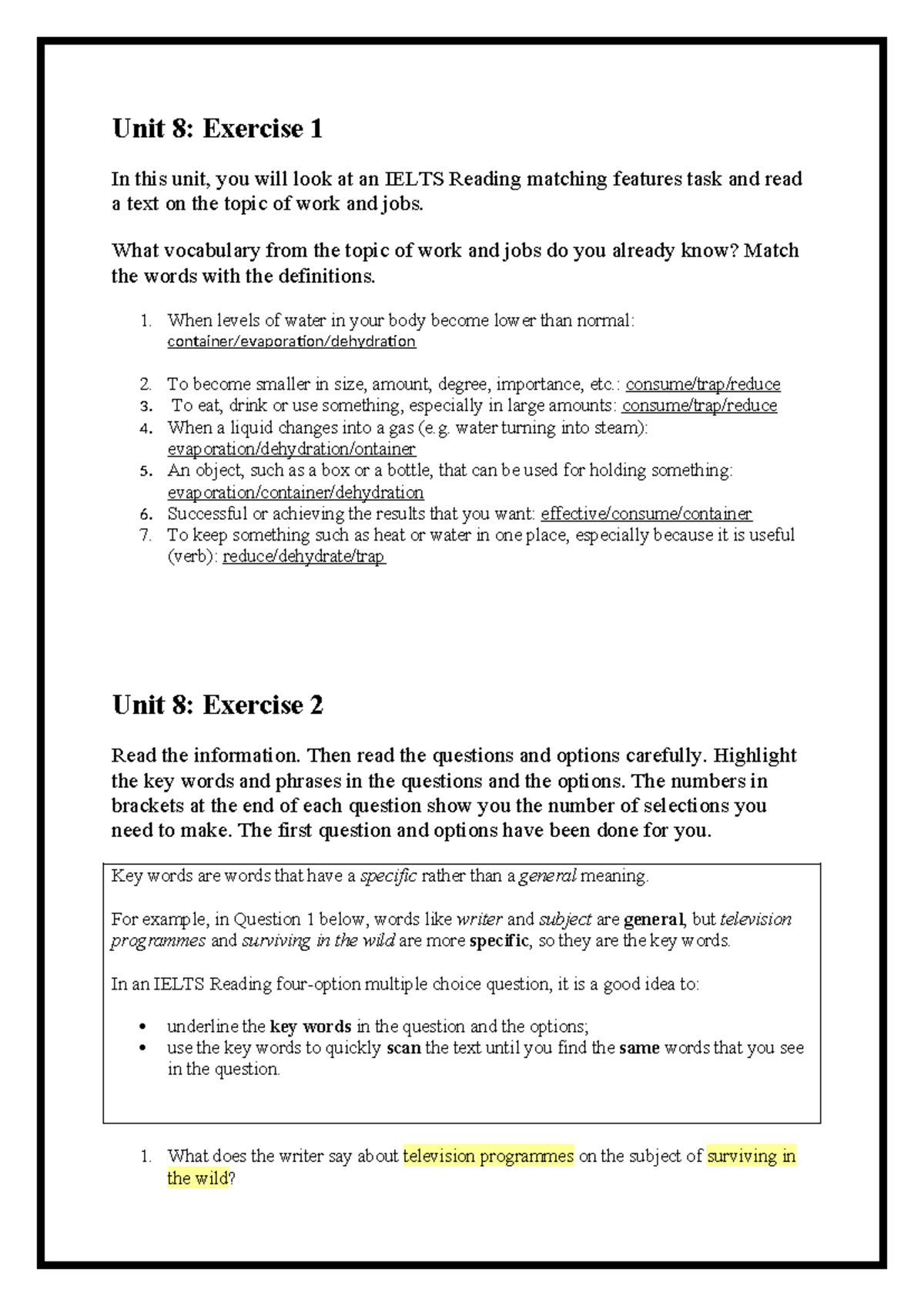 Unit 8 - Reading - TIẾNG ANH ĐỌC VIẾT - Unit 8: Exercise 1 In this unit ...