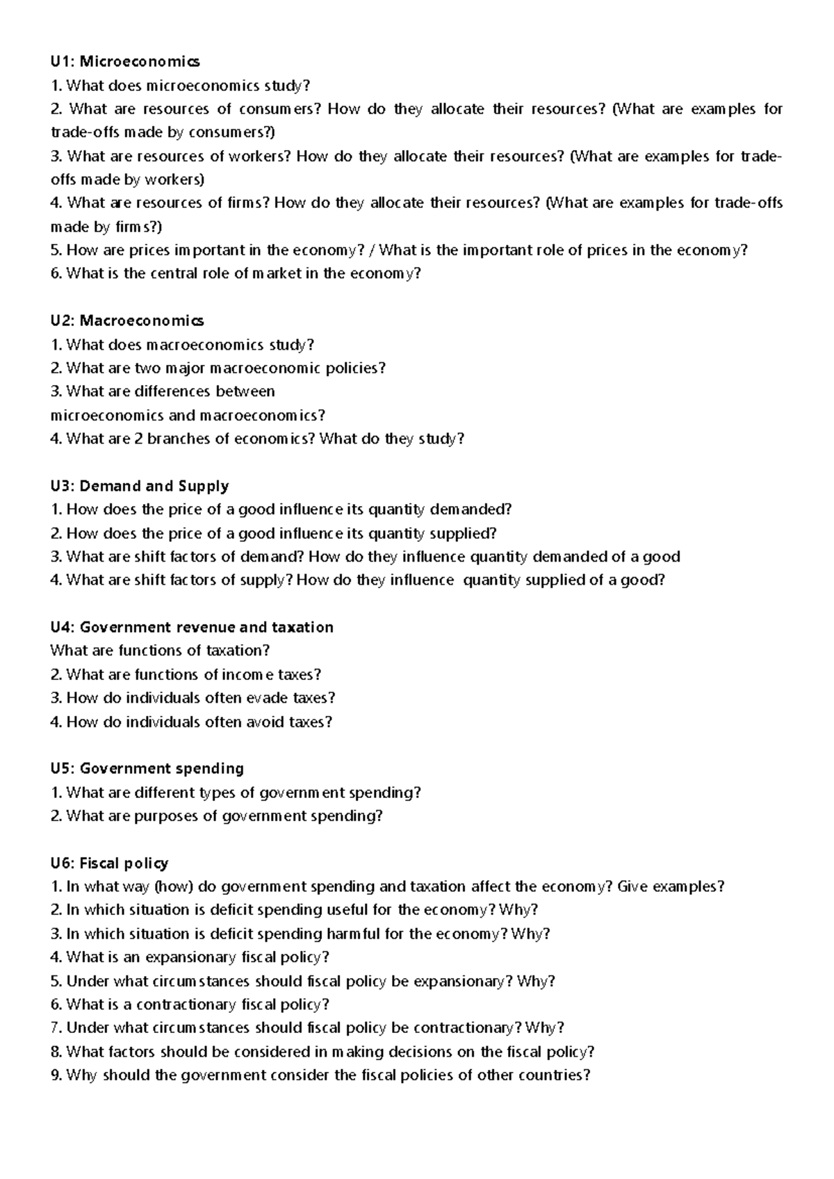 ESP1: Economics Topic Questions - Micro & Macro Overview - Studocu