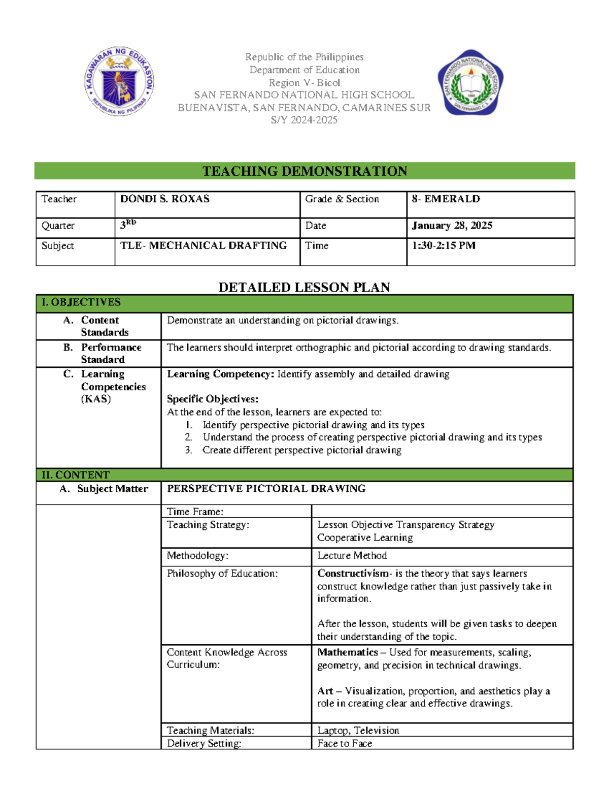 DLP 3 - Lesson Plan on Perspective Pictorial Drawing for TLE - Studocu