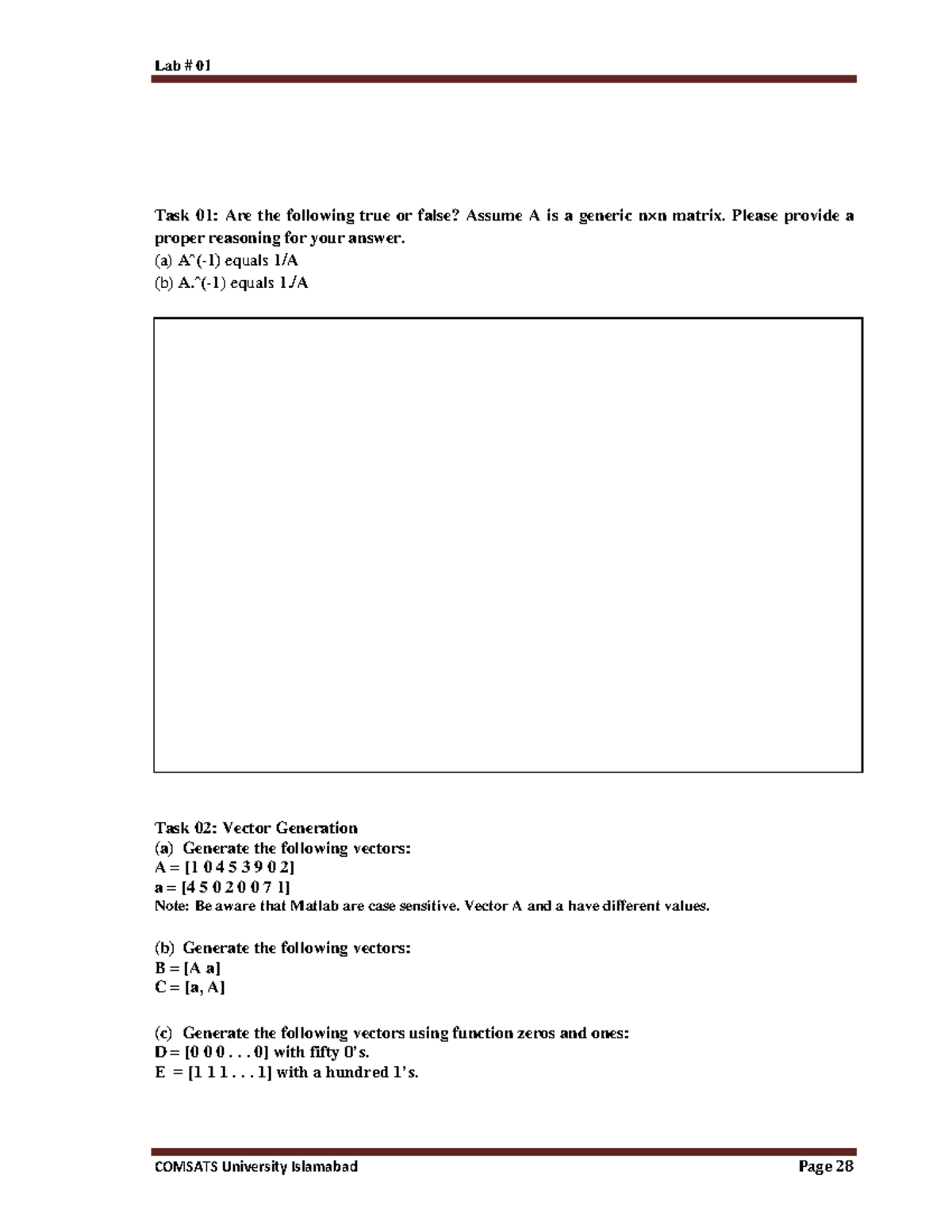 Lab 01: MATLAB Vector and Matrix Operations Tasks and Solutions - Studocu