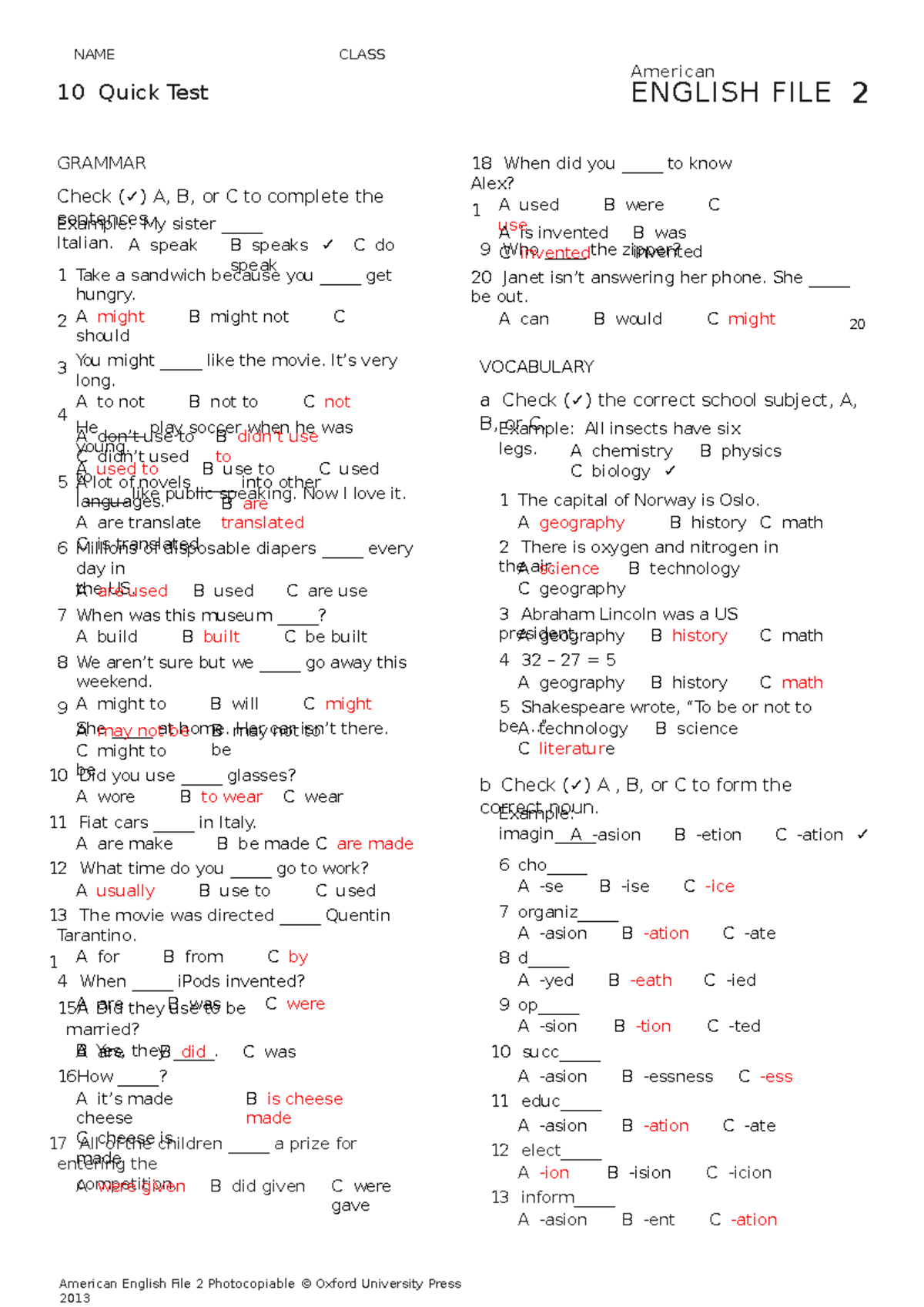 AEF2 File10 Quick Test - taif liệu ôn tập môn tiếng anh 2 unit 10 ...