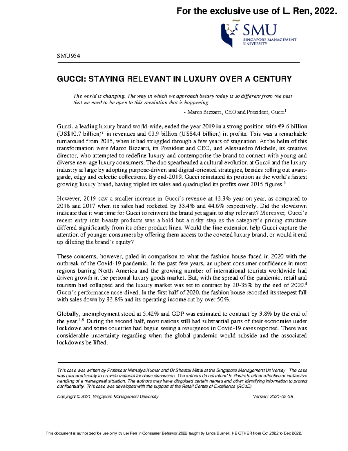 SMU-21-0005 Case Study: Gucci's Evolution in Luxury Fashion - Studocu