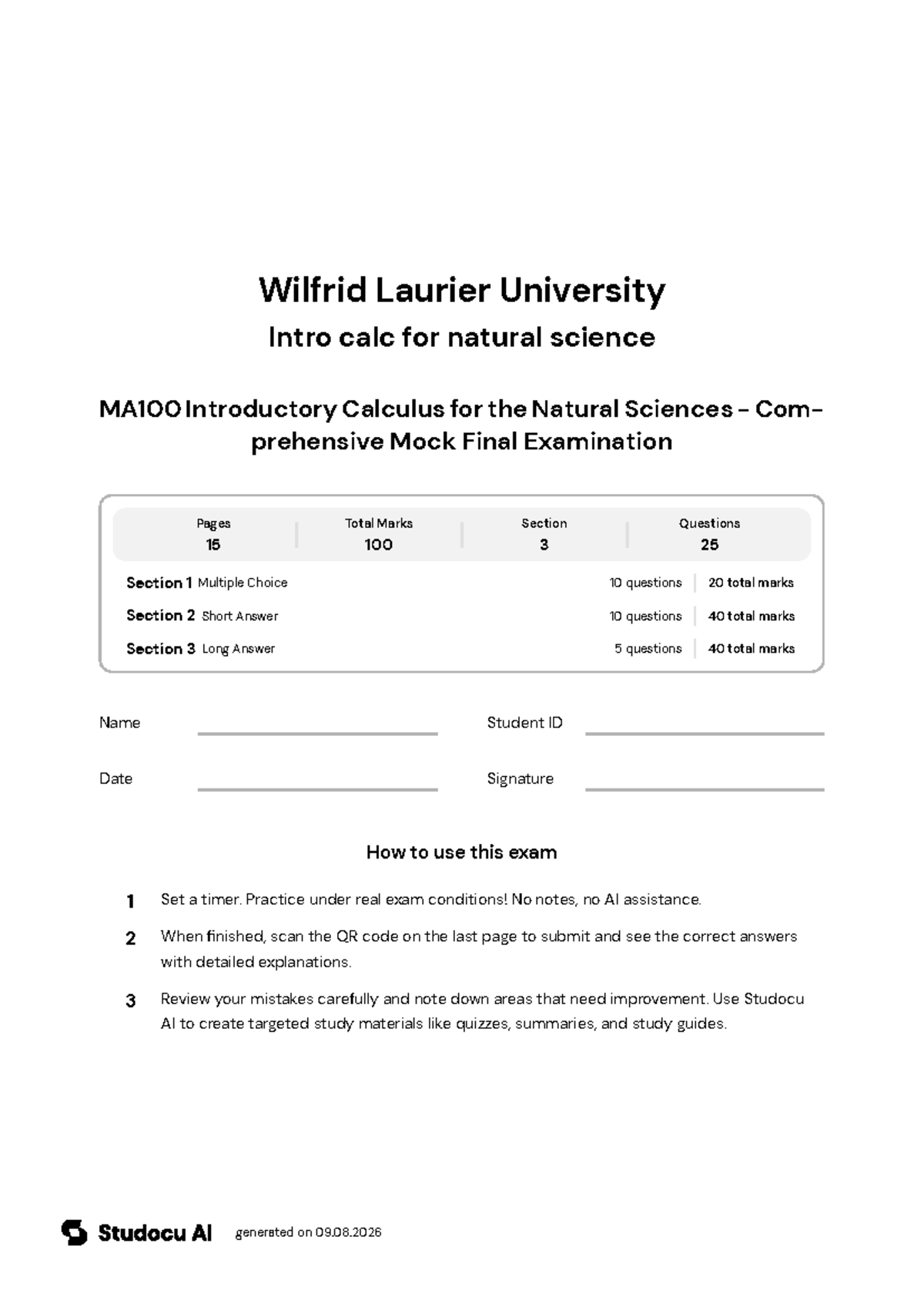 MA100 Comprehensive Mock Final Exam - Introductory Calculus - Studocu