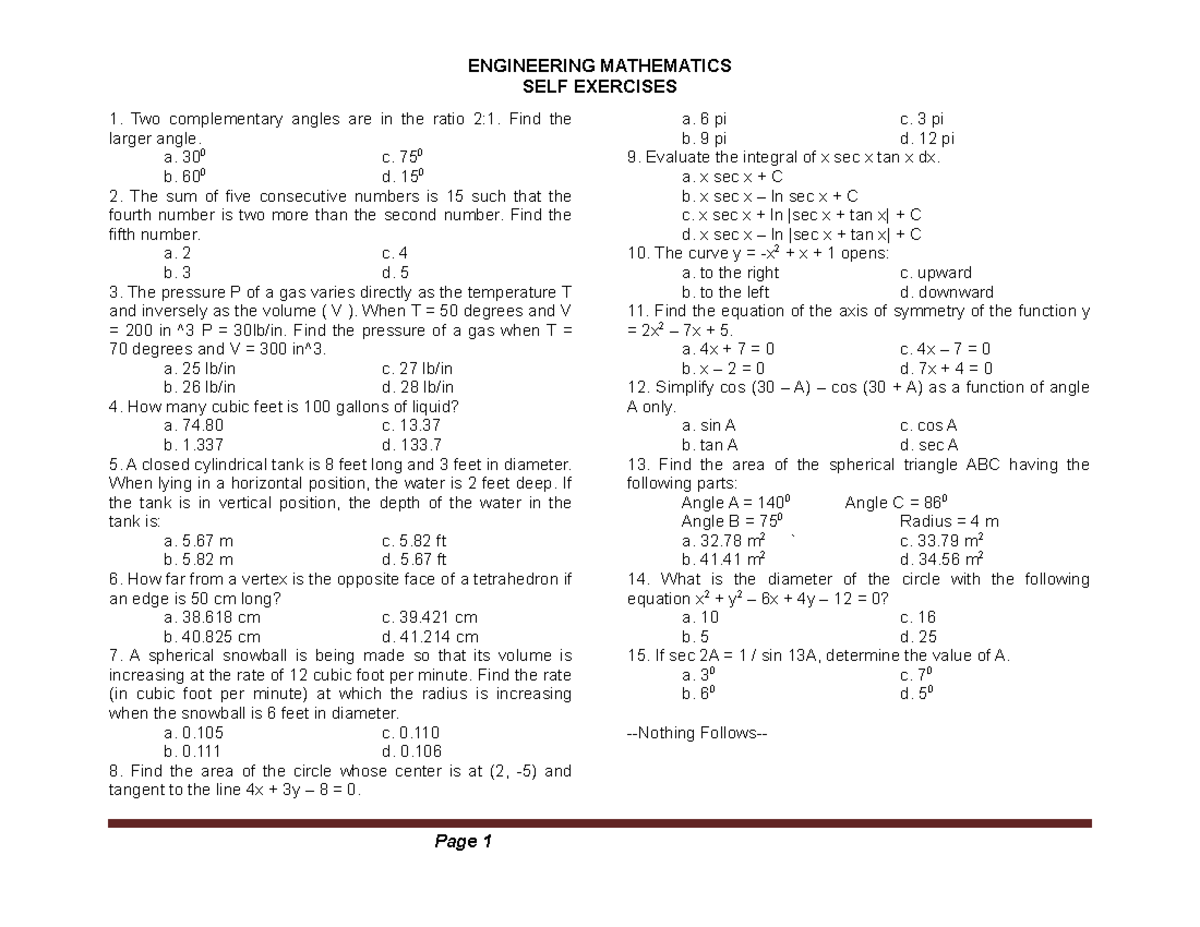 Engineering Mathematics 2 - ENGINEERING MATHEMATICS SELF EXERCISES Two ...