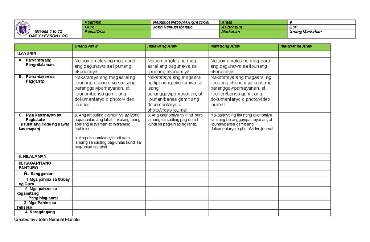 DLL ESP9 W6: Daily Lesson Log for Economics - Nabuslot National High School - Studocu