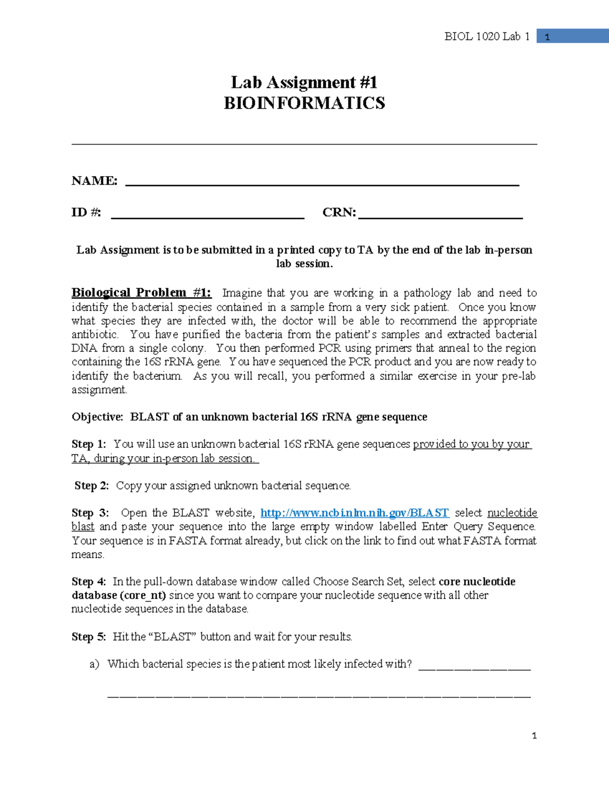 BIOL 1020 Lab 1: Bioinformatics Assignment on Bacterial Identification ...