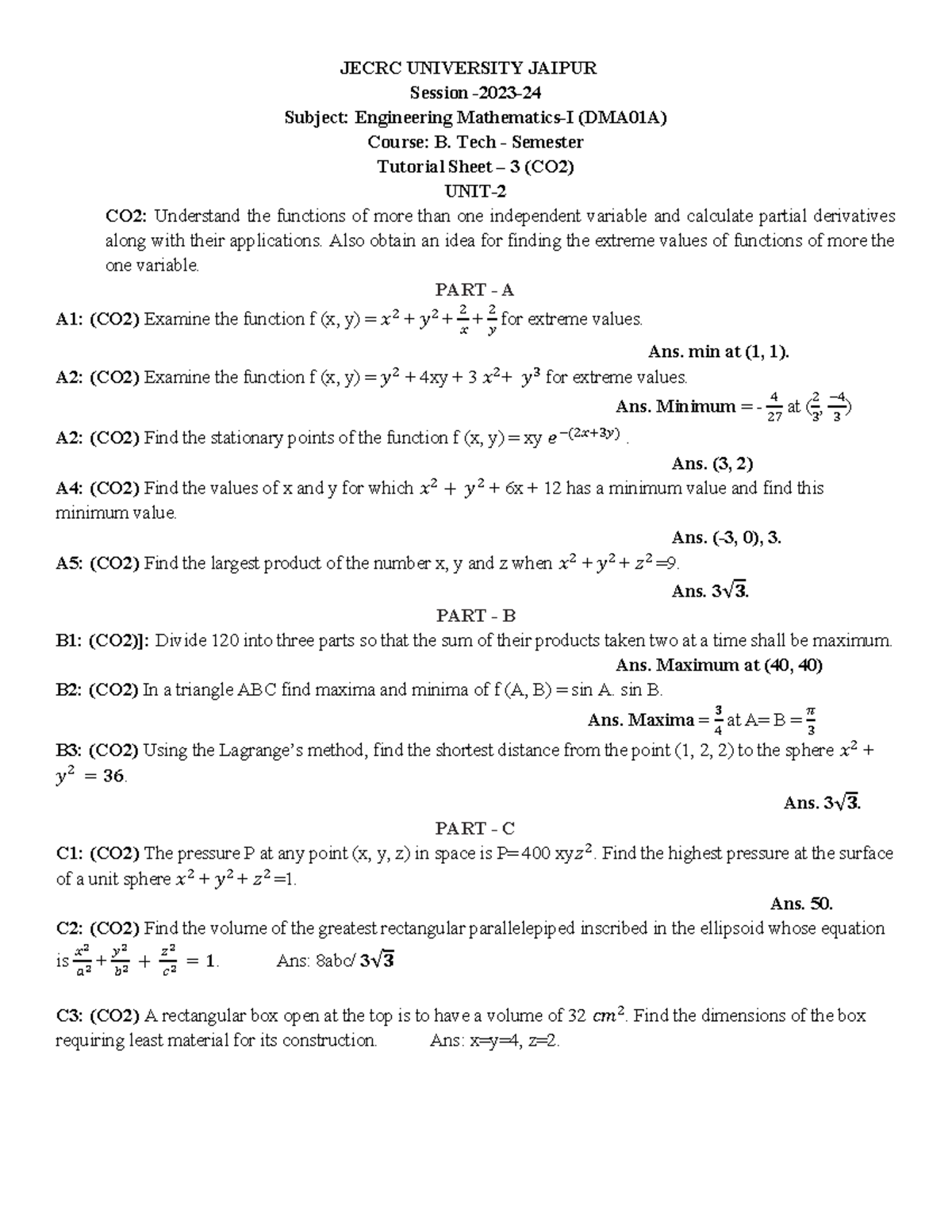Tutorial Sheet 6 - BTech CSE (DAM001AC): Functions of Multiple ...