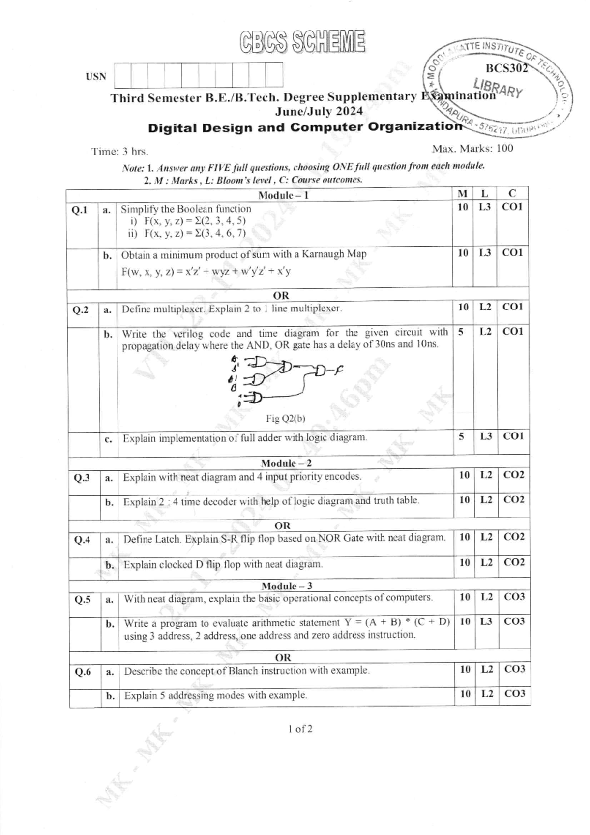 Digital Design & Computer Organization BCS302 Supplementary Exam 2024 ...