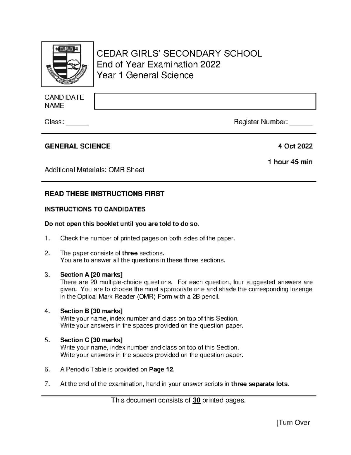 1 CEDAR SECONDARY SCHOOL Year 1 General Science EOY Exam 2022 - Studocu
