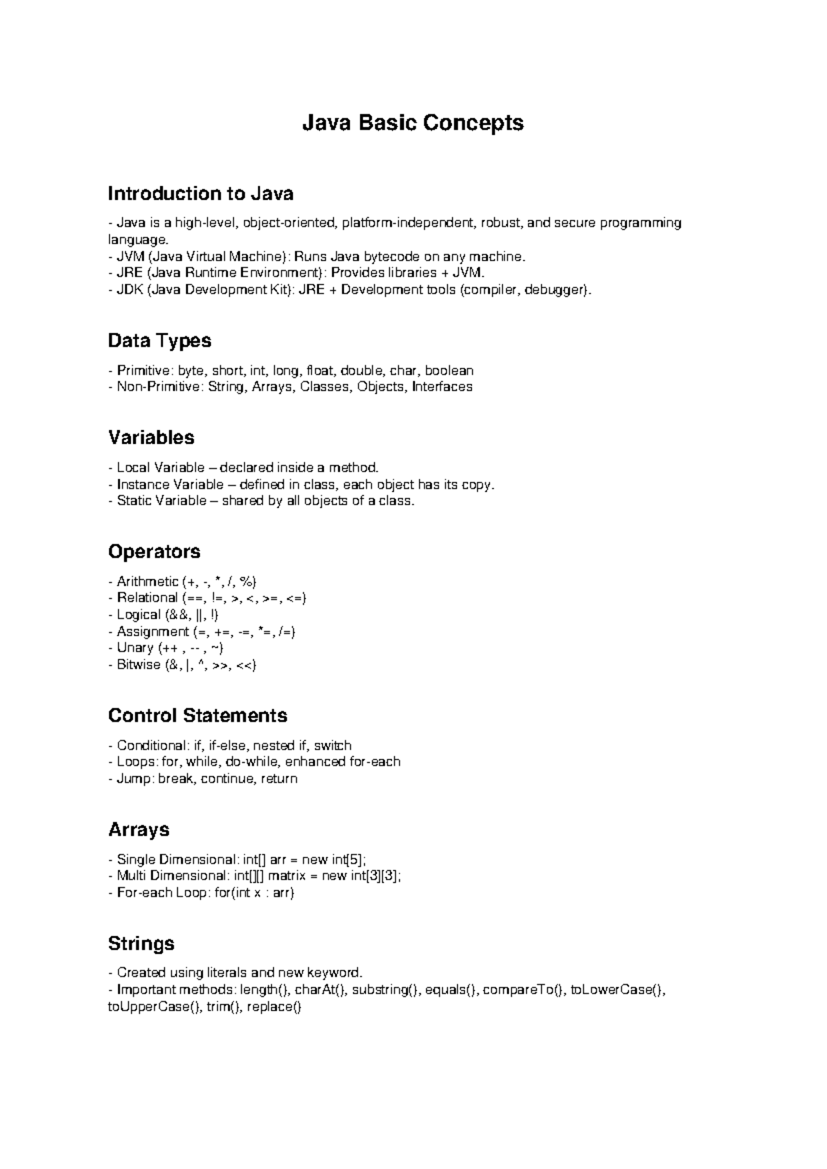 Java Basics F1 & F2 - Introduction to Java Concepts - Studocu