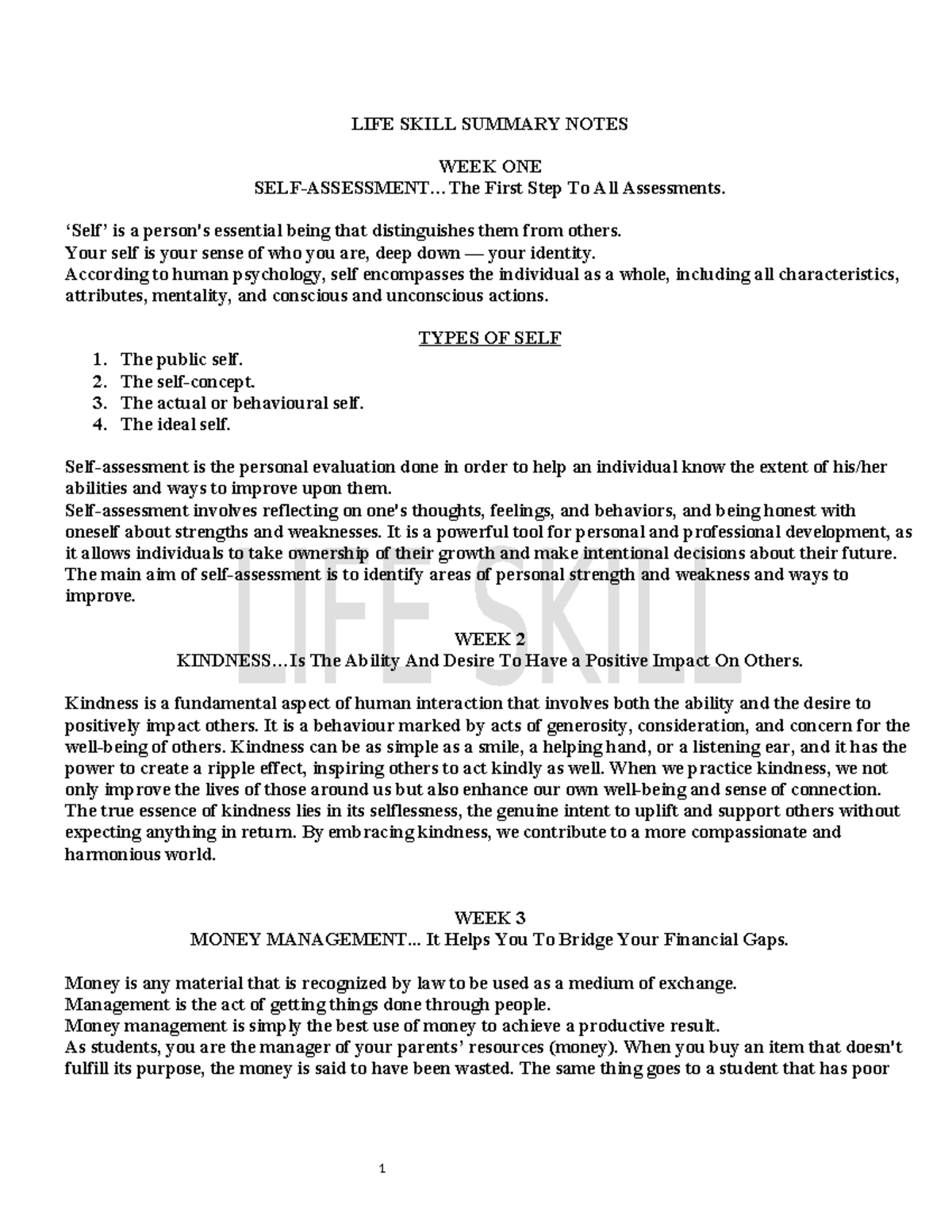 LIFE SKILLS CLASS NOTES: WEEKLY SUMMARY & KEY CONCEPTS - Studocu