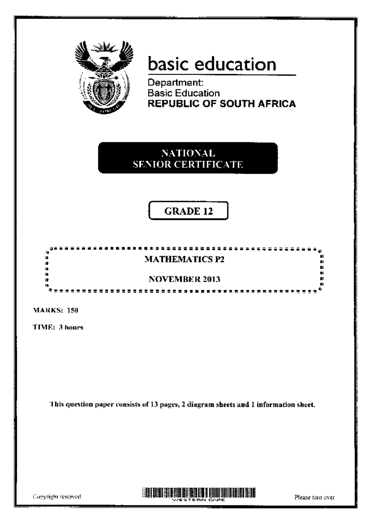 Mathematics P2 NSC Exam Nov 2013 - Grade 12 Paper - Studocu
