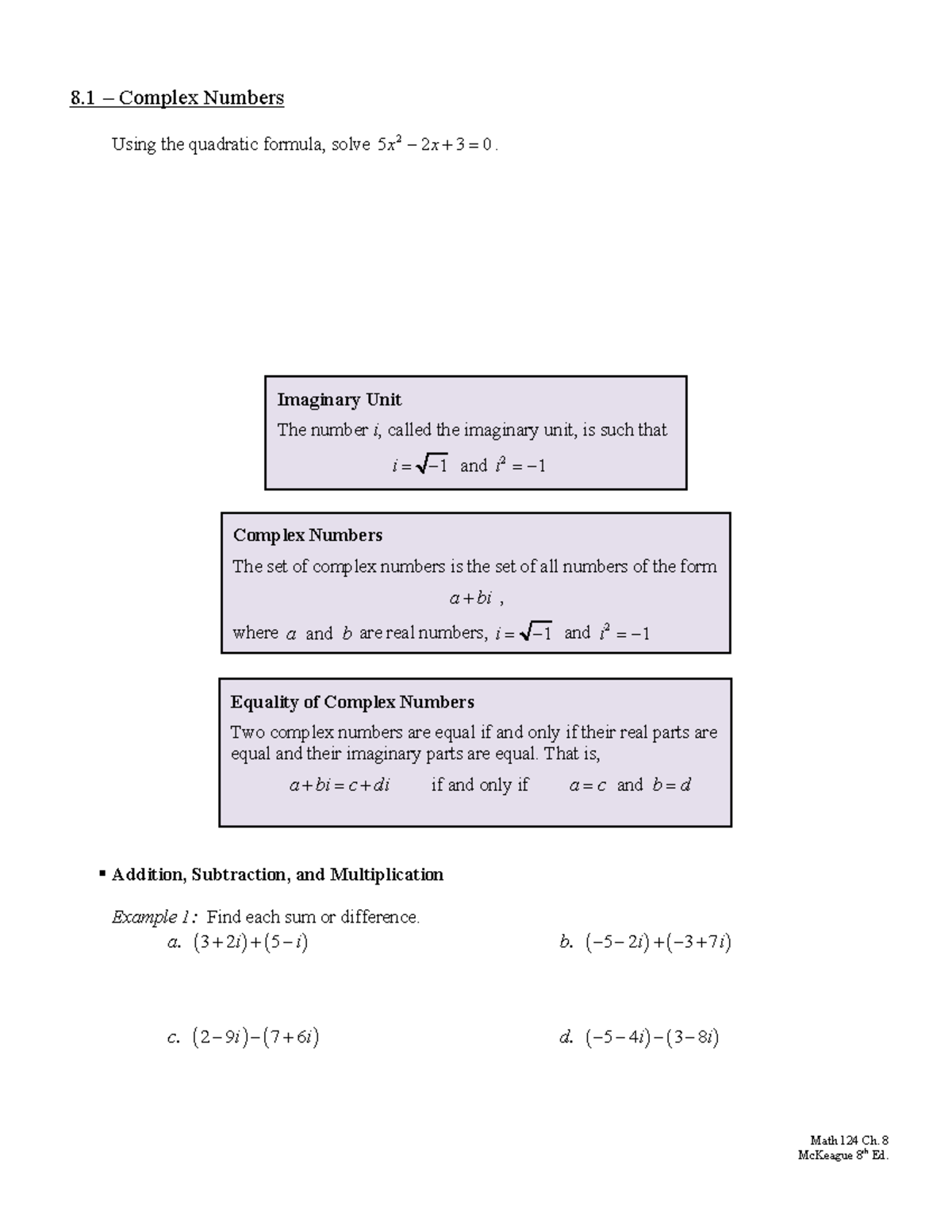 Math 1 2 4 Chapter 8: Complex Numbers and Their Applications - Studocu