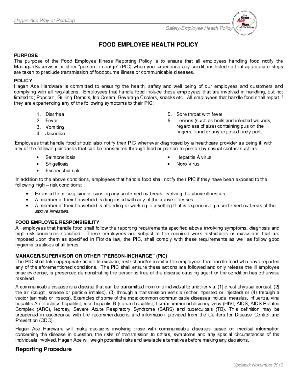 Hagan Ace Retailing Food Employee Health Policy Guidelines - Studocu