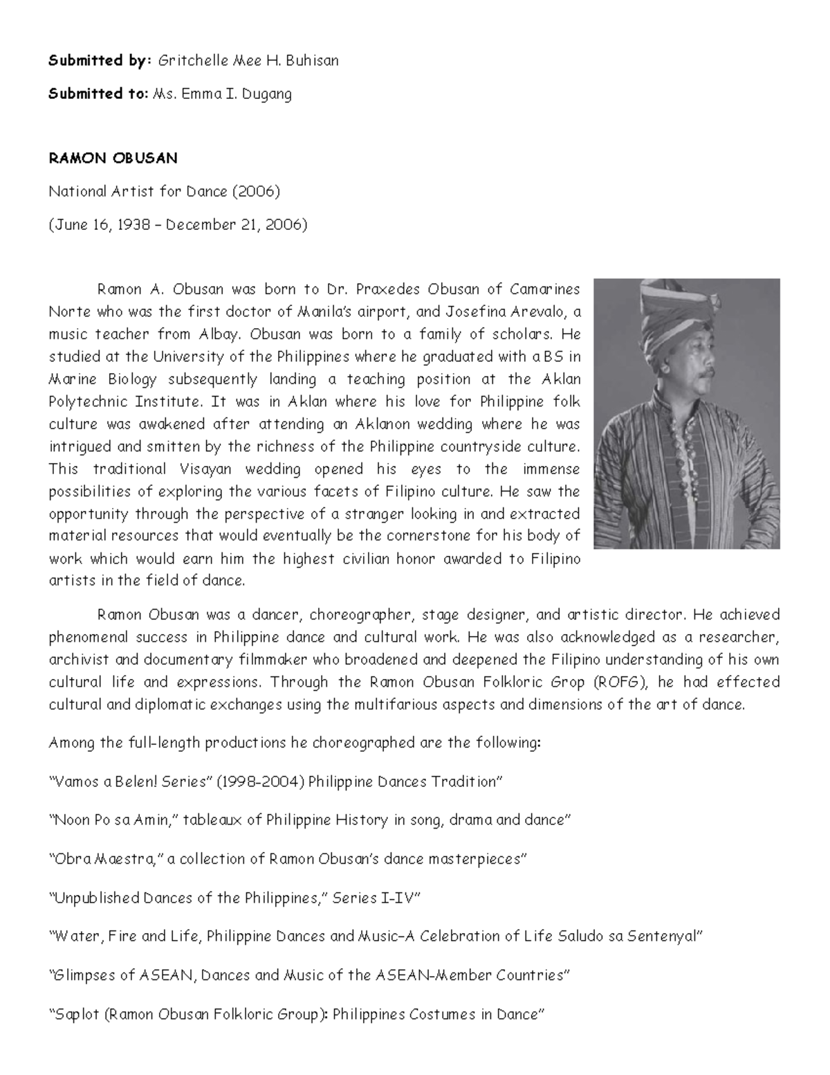 SOCSCI 101: Insights on Ramon Obusan's Contribution to Dance - Studocu