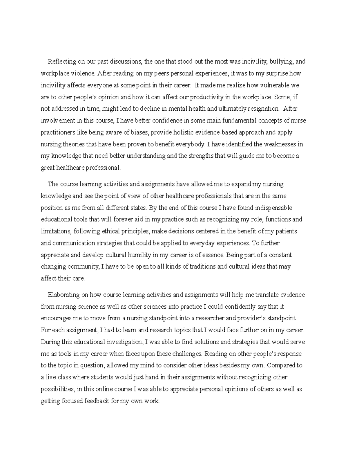 NUR 305 Week 8 Reflection: Incivility and Workplace Dynamics - Studocu