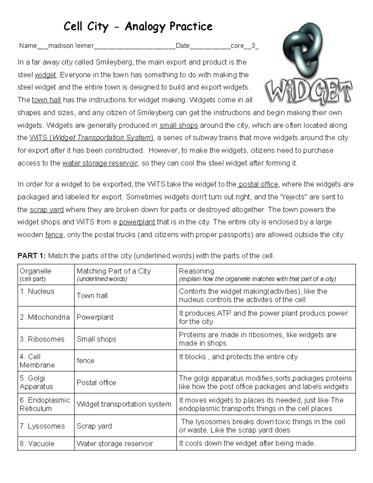 Cell Analogy Practice: The Widget (1)-1 - Studocu