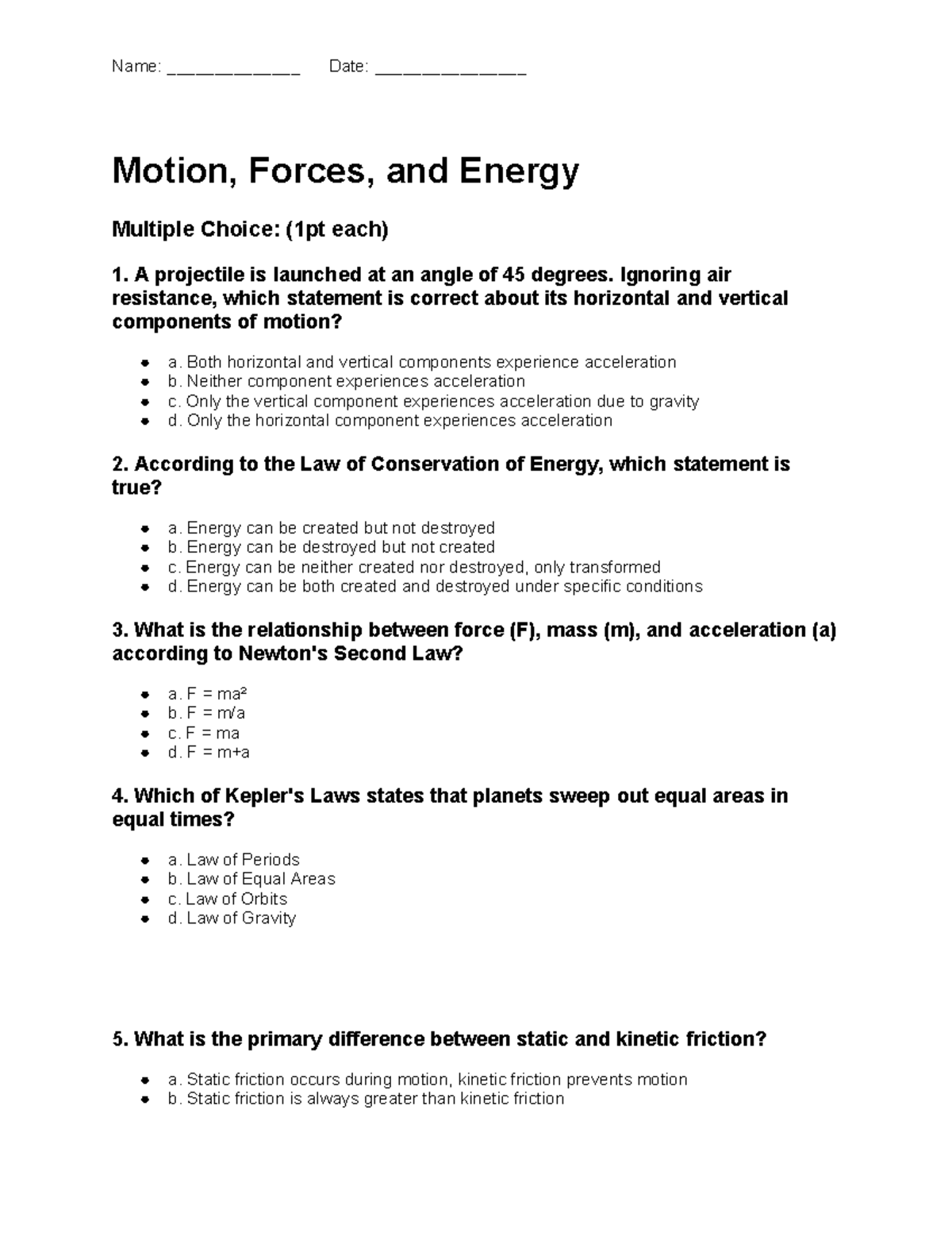 Physics Quiz: Motion, Forces, and Energy Concepts (Course Code) - Studocu