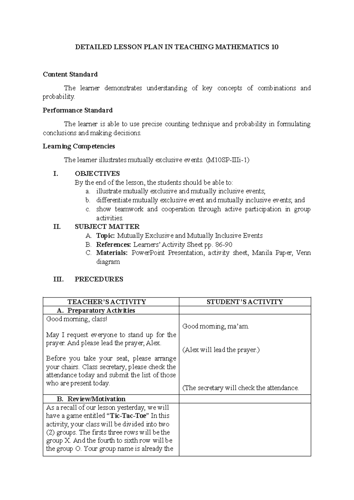 DLP-G10-Lesson Plan on Mutually Exclusive and Inclusive Events - Studocu