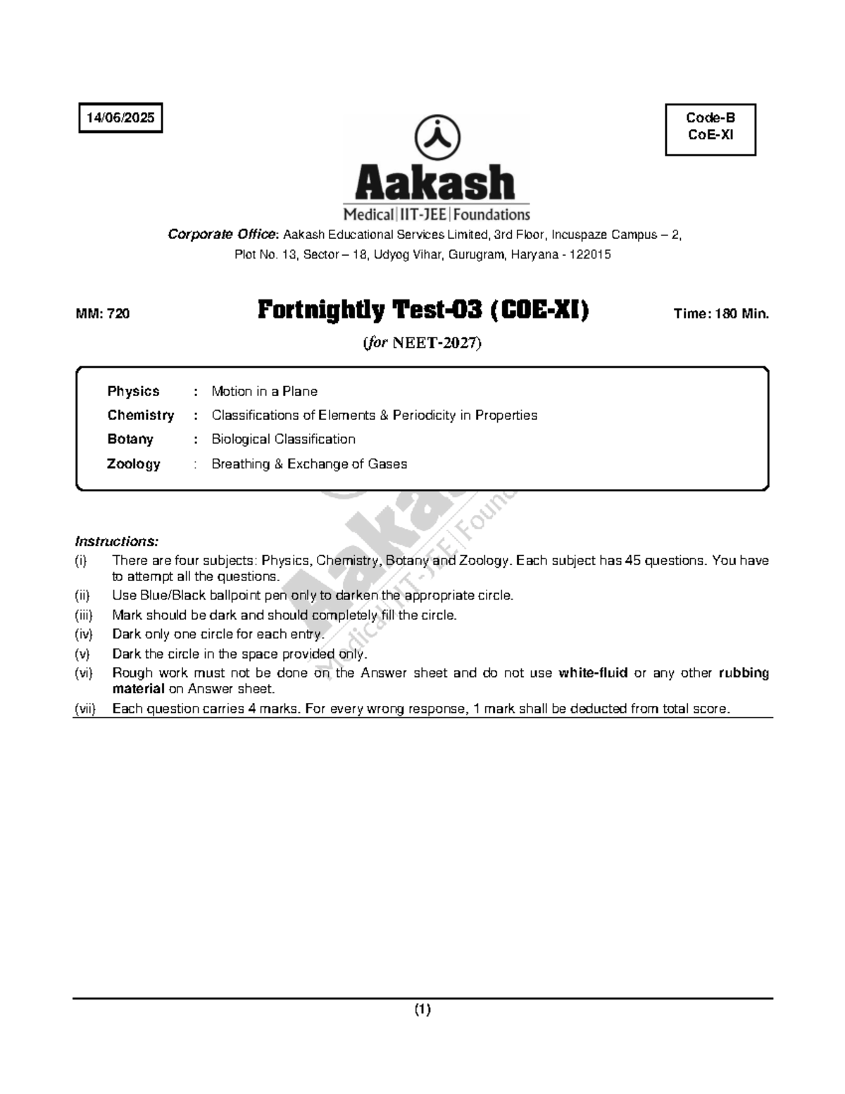 Fortnightly Test-03 (COE-XI) for Physics, Chemistry, Botany & Zoology ...