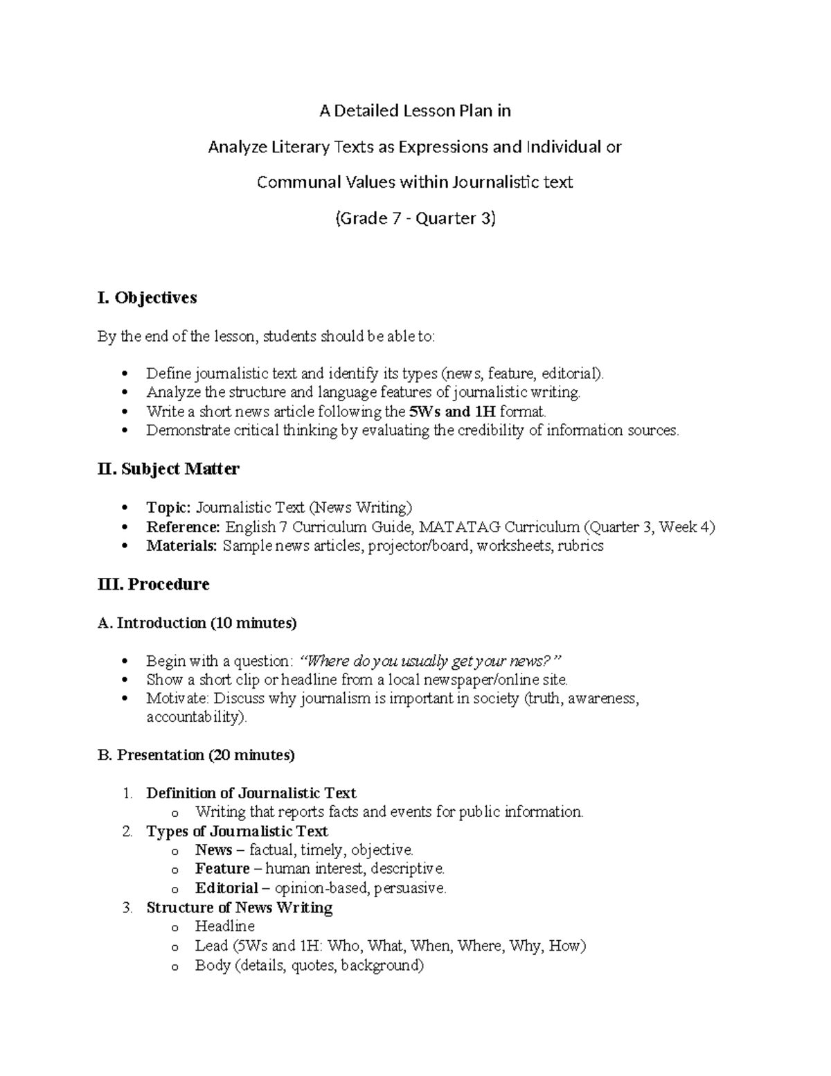 Grade 7 Lesson Plan: Analyzing Journalistic Texts (Quarter 3) - Studocu