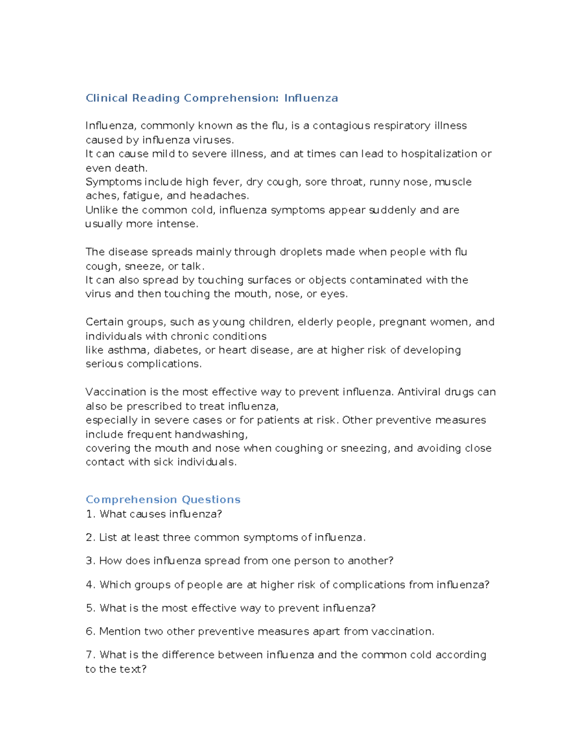 Clinical Reading Comprehension: Influenza Overview & Q&A - Studocu