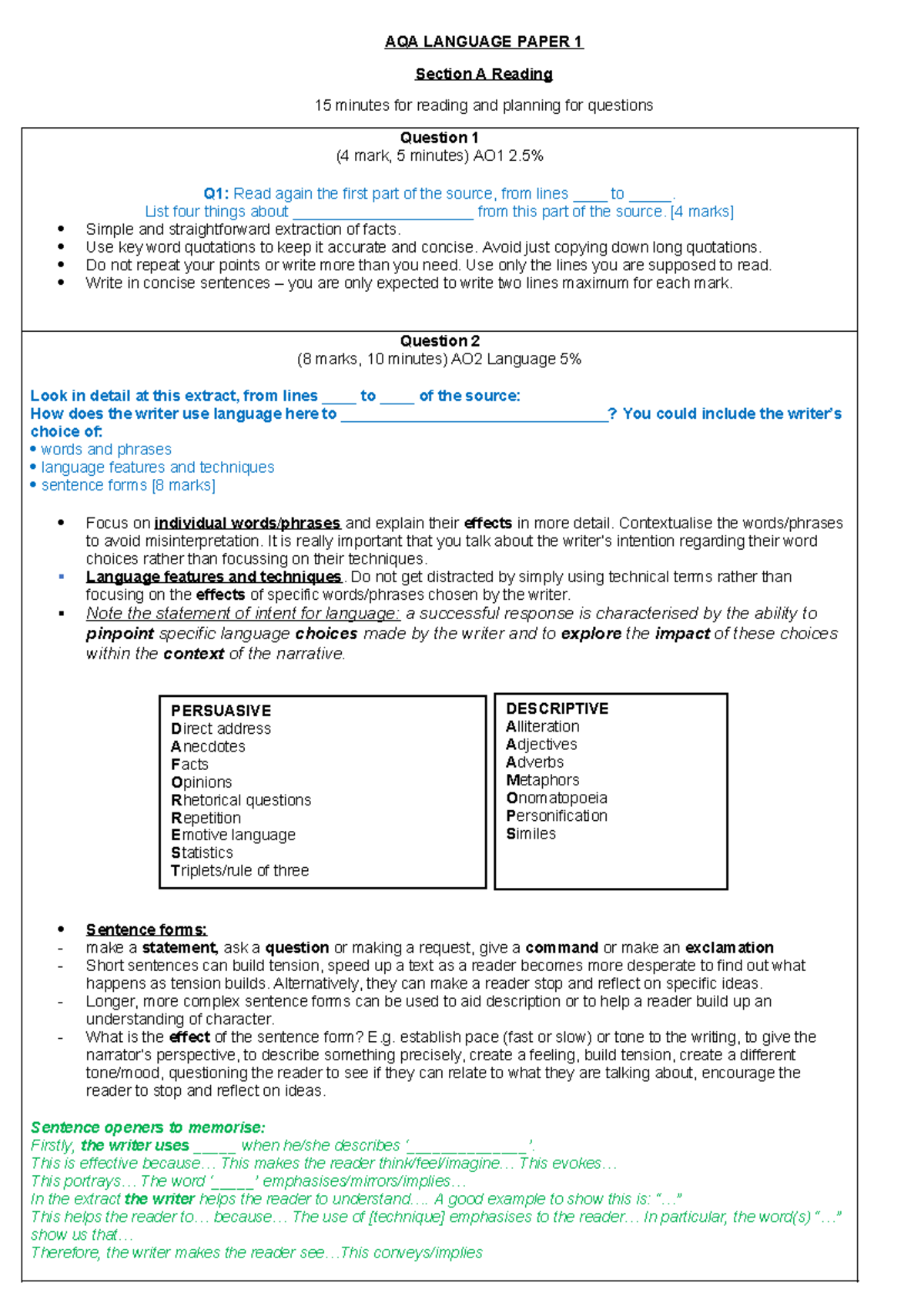AQA Language Paper 1 KO: Key Study Notes and Strategies - Studocu