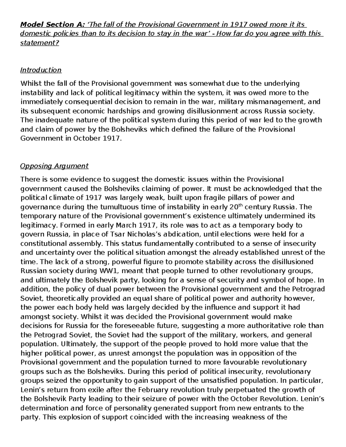 Essay Model: Fall of PG - Domestic Policies vs. WW1 Decisions - Studocu