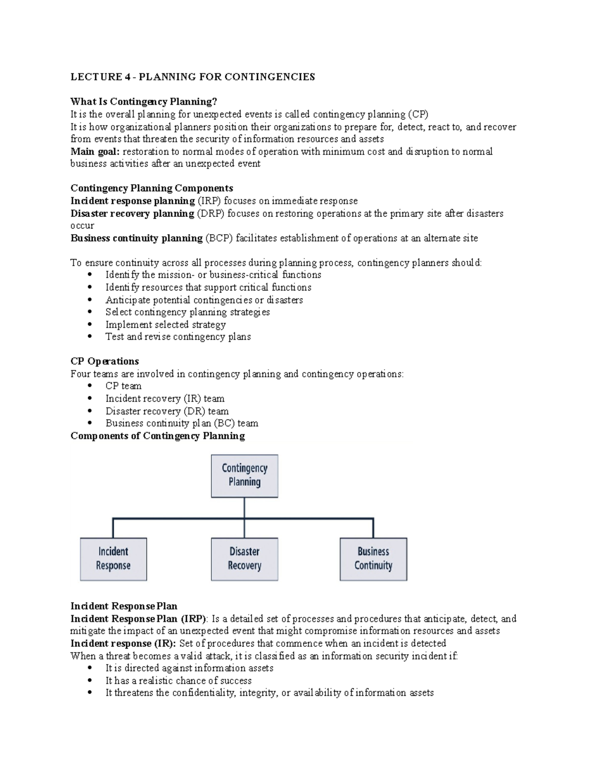 Lecture 4: Contingency Planning Strategies and Key Components - Studocu