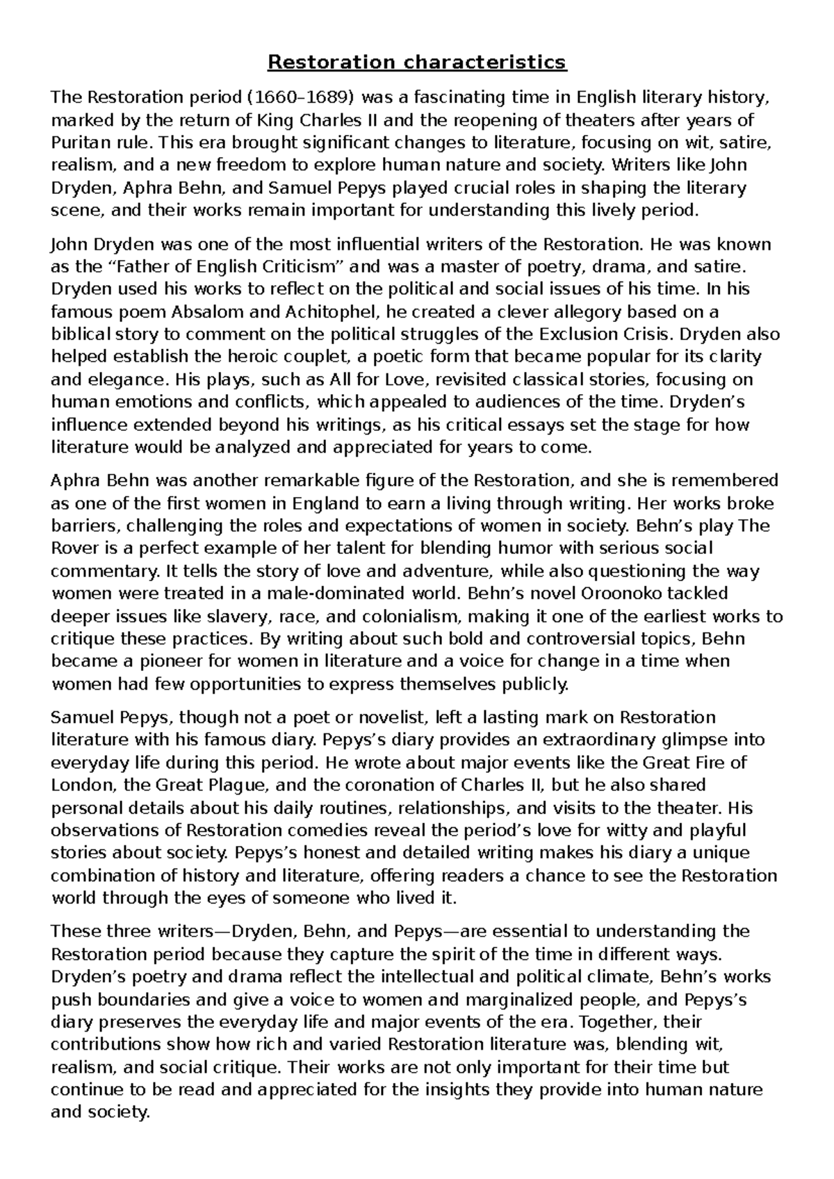 Restoration and Augustan Characteristics in English Literature - Studocu