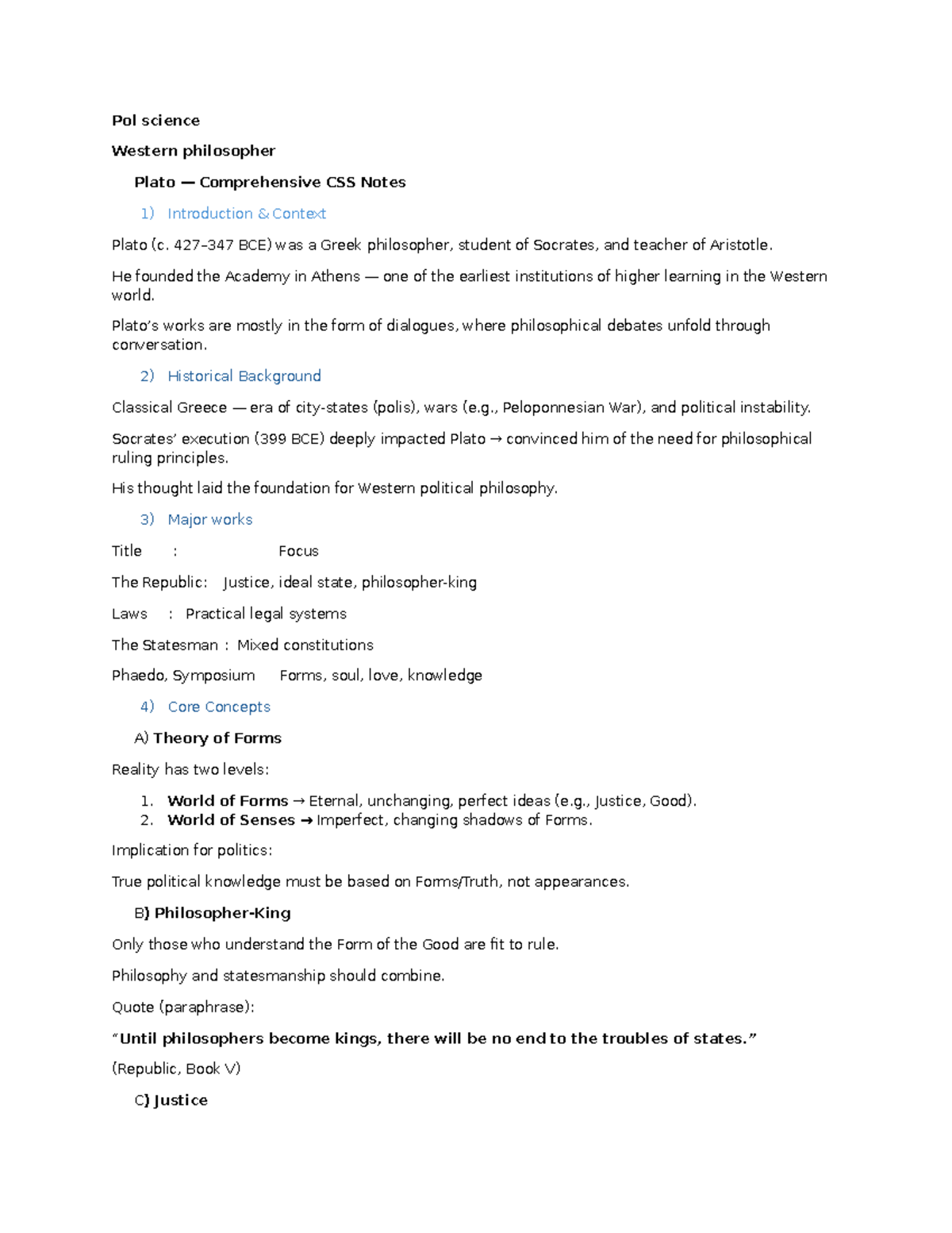 CSS Notes on Plato: Key Concepts & Philosophical Insights - Studocu