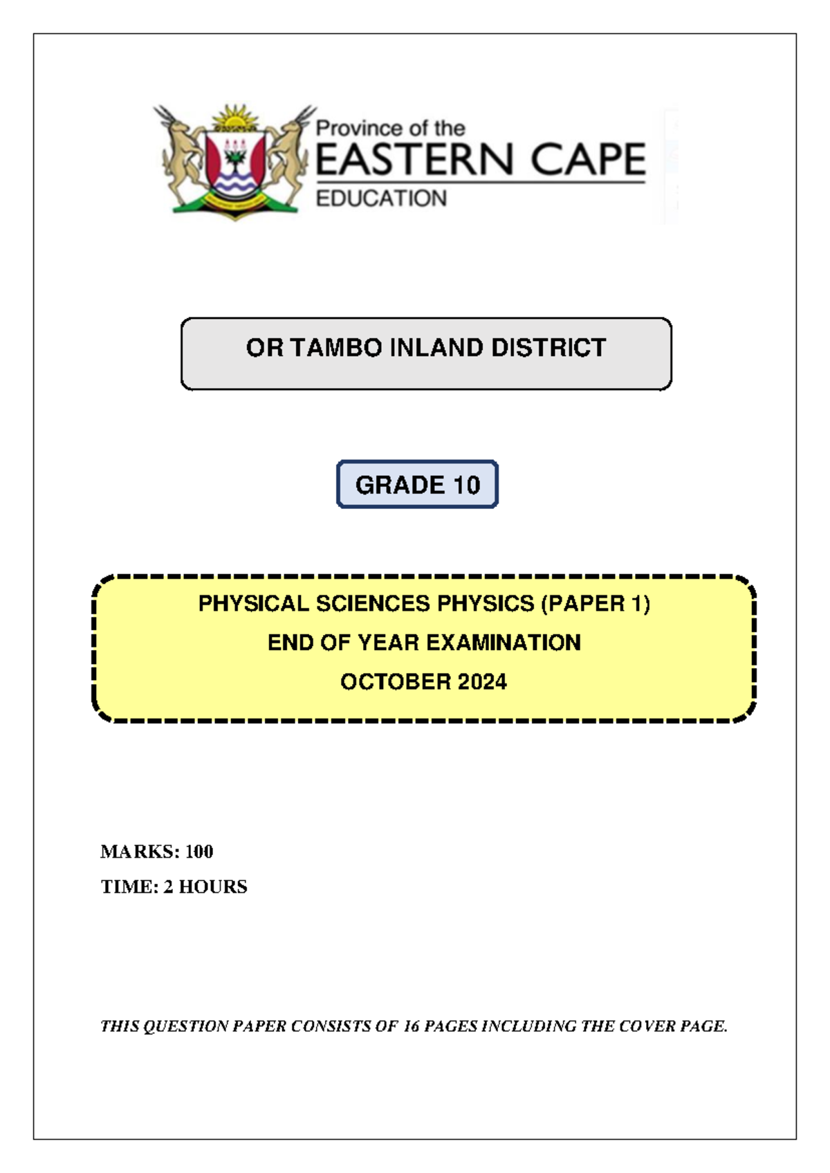 Grade 10 - End of Year Physical Sciences Exam Paper 1 (241029) - Studocu