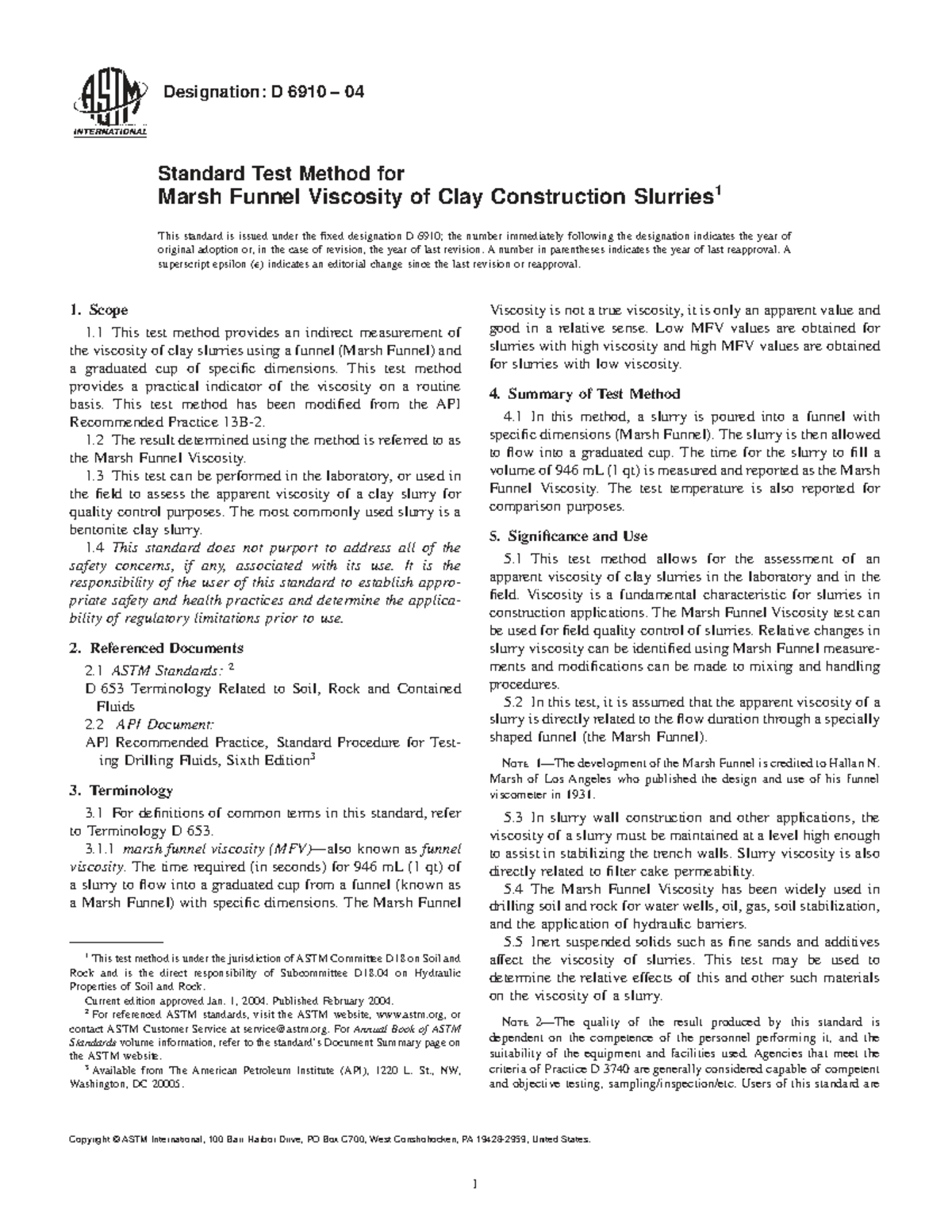 ASTM D 6910 04 Standard Test Method for Marsh Funnel Viscosity - Studocu