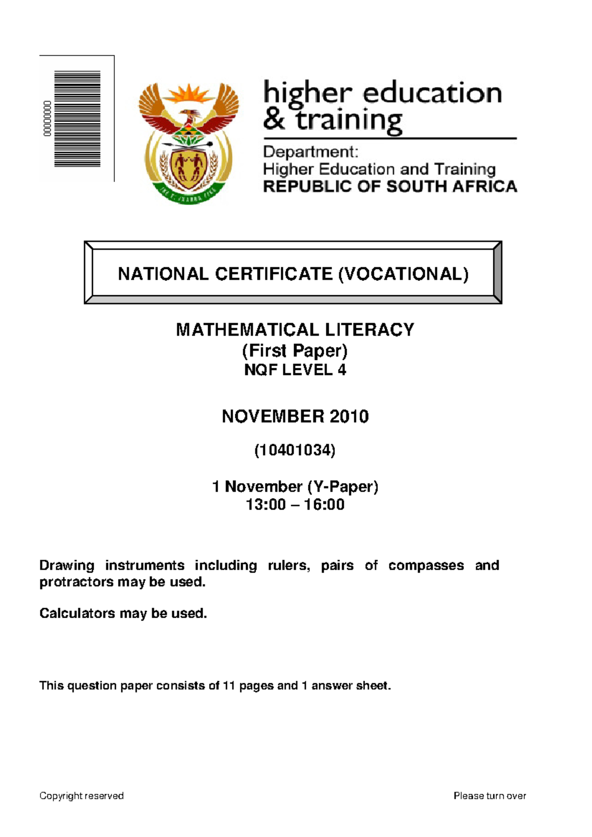 NC(V) Maths Lit Lvl4 Final Exam Paper 1 November 2010 - Studocu