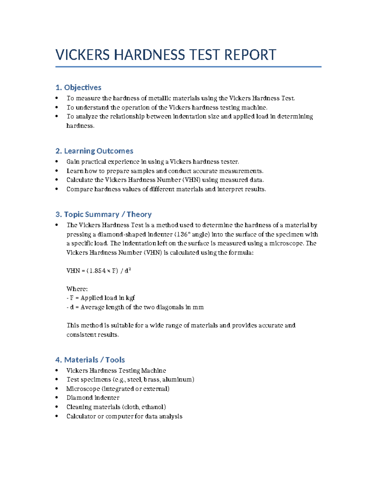 Vickers Hardness Test Report: Objectives, Outcomes & Methodology - Studocu