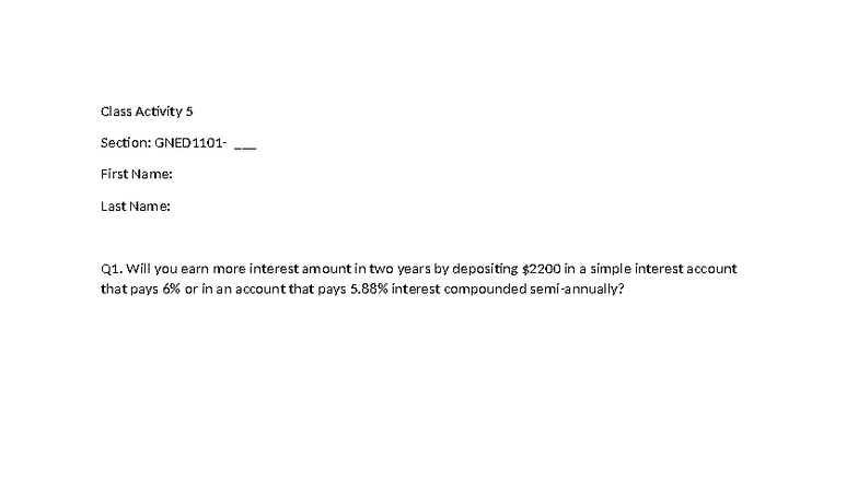 Class Activity 5: Interest Calculations & Future Value Analysis - Studocu