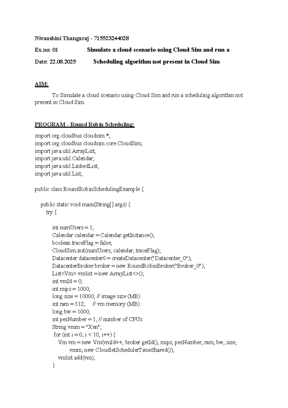 Ex No-1: Round Robin Scheduling Simulation Using Cloud Sim - Studocu