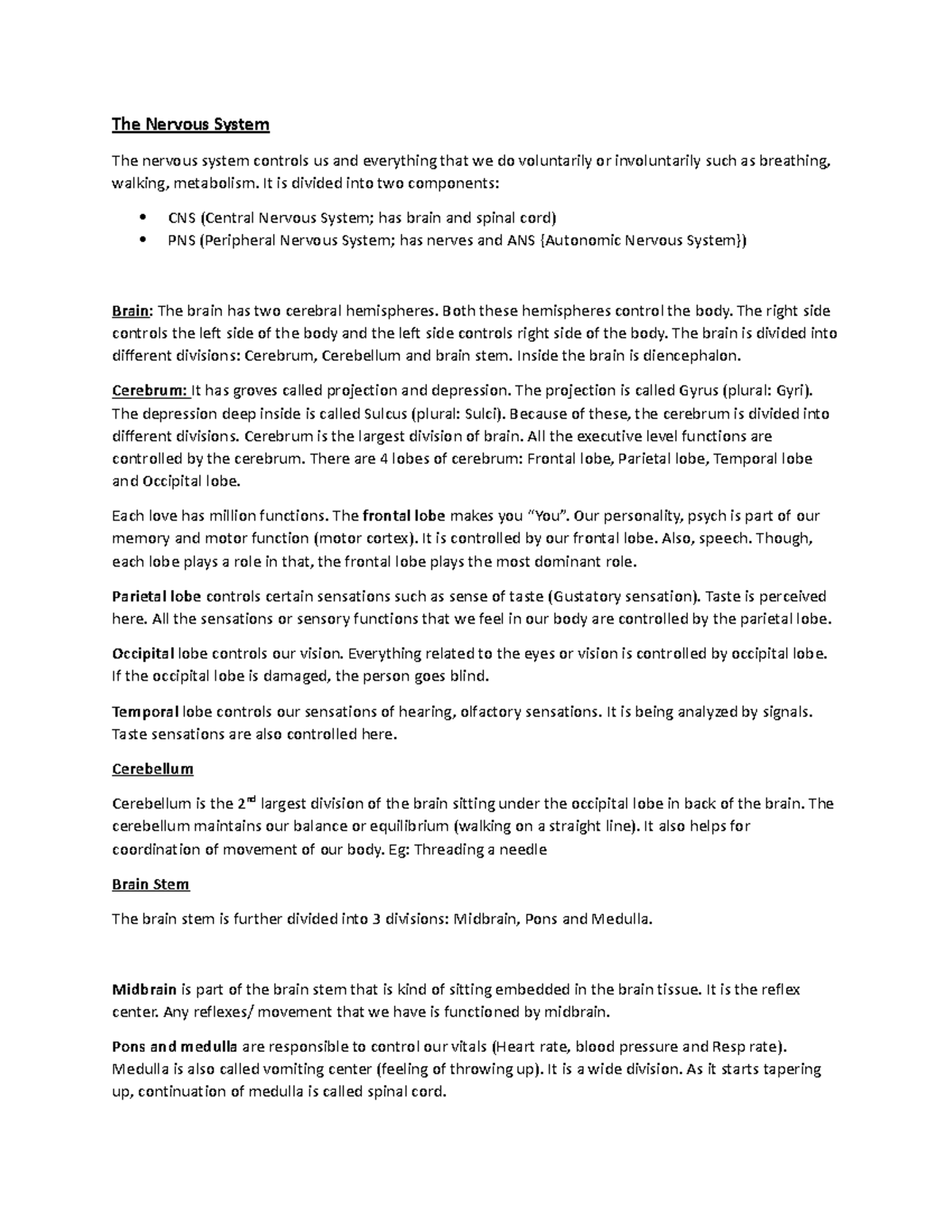 Nervous System Overview - Key Notes and Concepts - Studocu