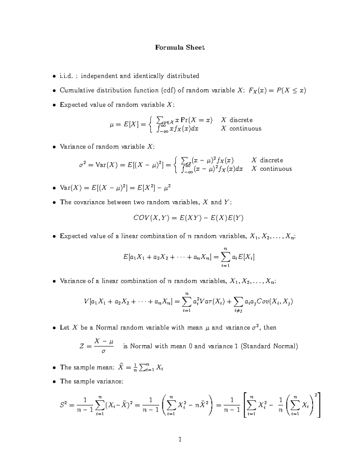 MAT2375 Final Exam Formula Sheet: Statistics & Probability Concepts ...